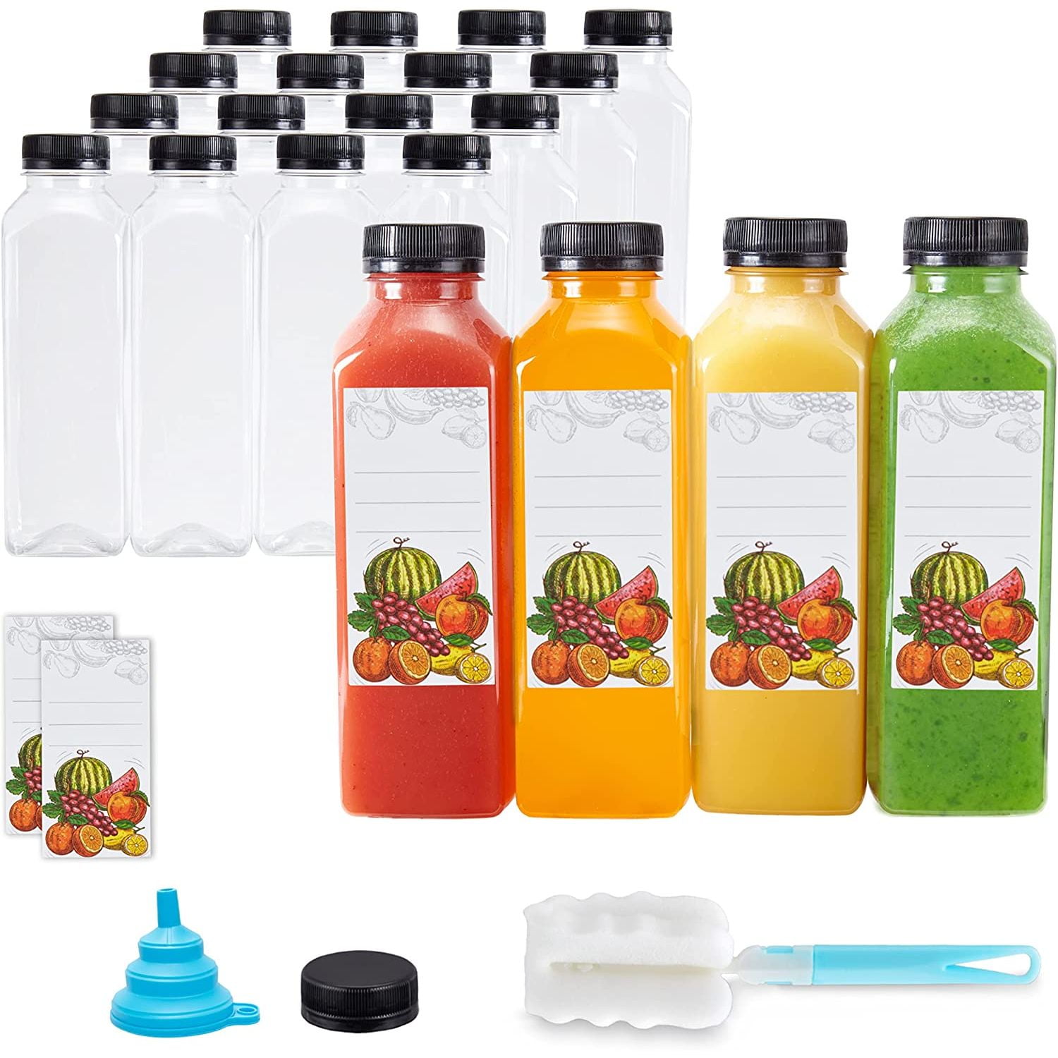 JumblWare 16 fl oz. Reusable Clear Plastic Juice Bottles with Caps, 20 ...