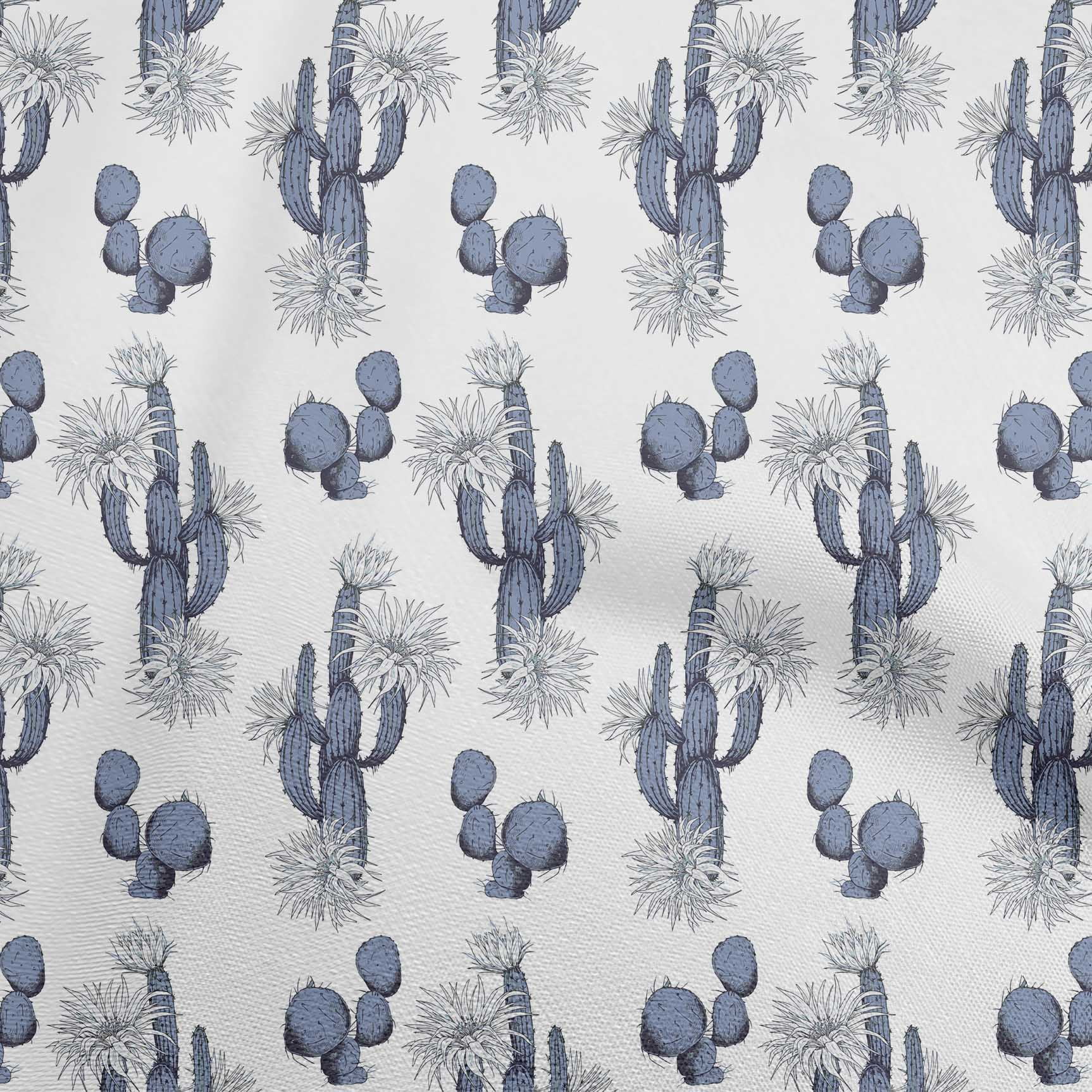 oneOone Cotton Cambric Medium Blue Fabric Cactus Sewing Material Print ...