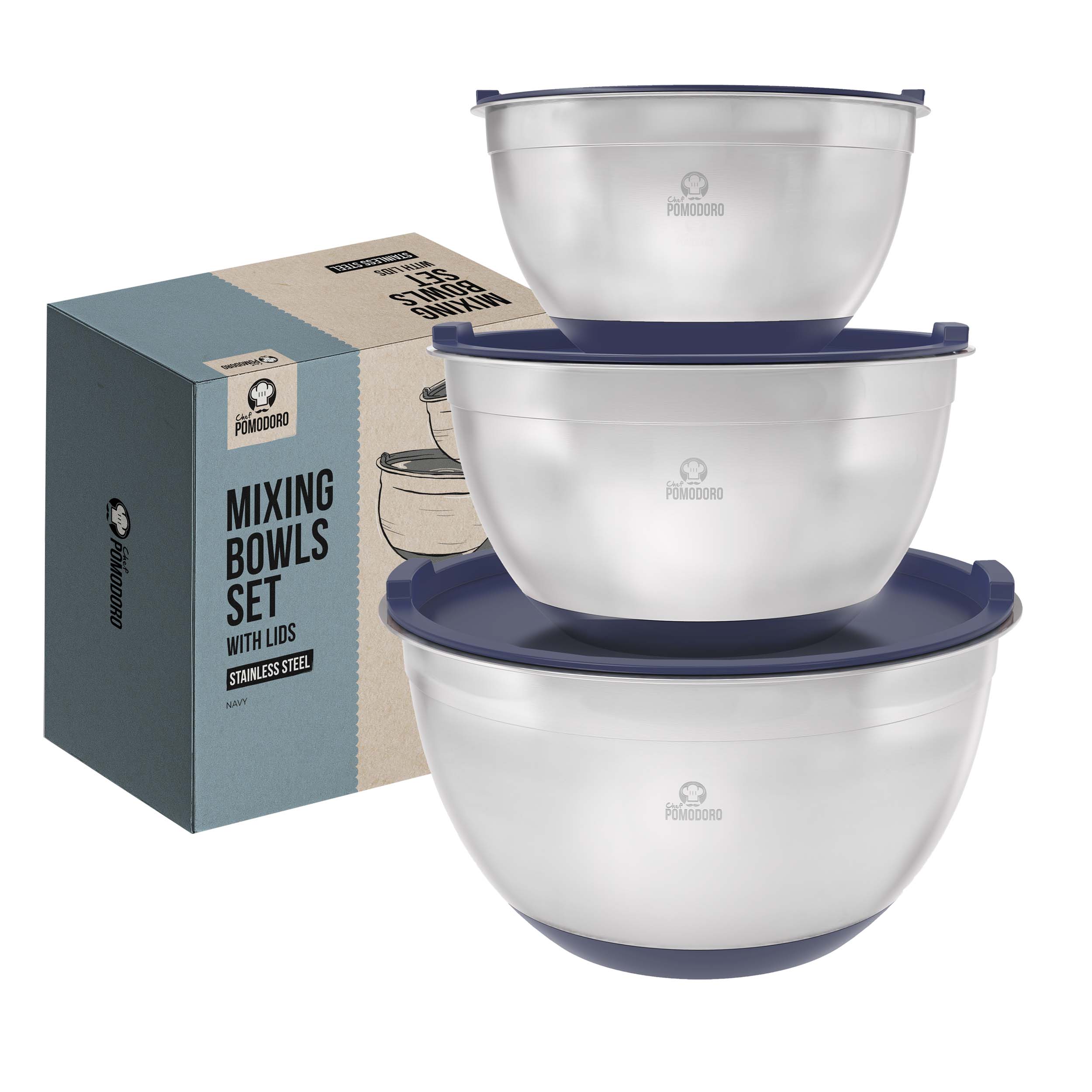 Chef Pomodoro Mixing Bowls with Lids, 3 Piece Set, Stainless Steel-Navy ...