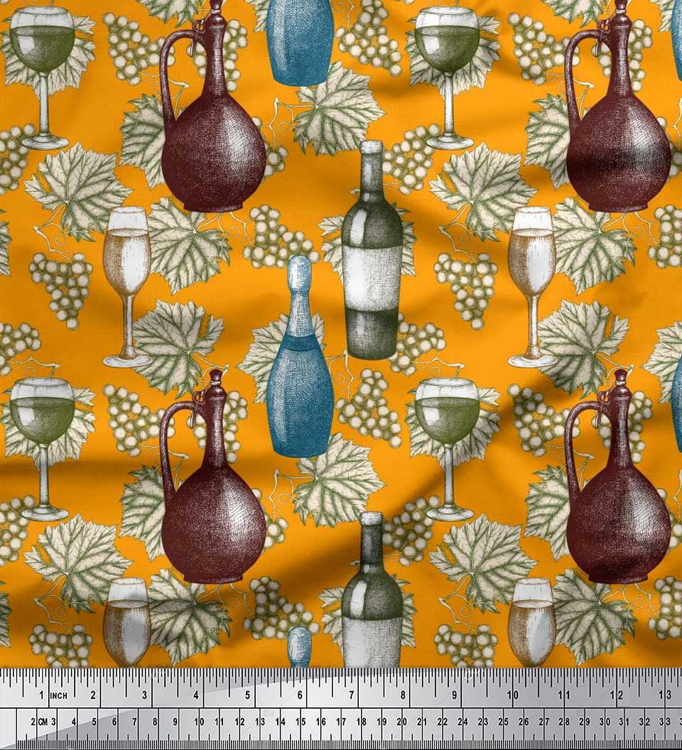 Soimoi Satin Silk Fabric Wine Bottle,Leaves & Grapes Fruits Print ...