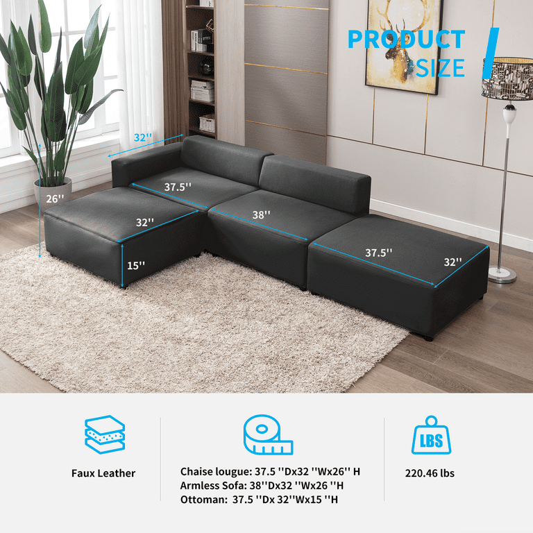 Mjkone Modern Modular L Shape Sectional Sofa Faux Leather Oversized Upholstery Sectional Sofa Reversible Chaise Couch with Ottomans for Living