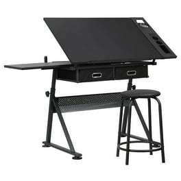 Drevy Height Adjustable Drafting Desk Artist Drawing Table Tilted Art Desk Work Station w 2 Storage Drawers and Stool for Home Office