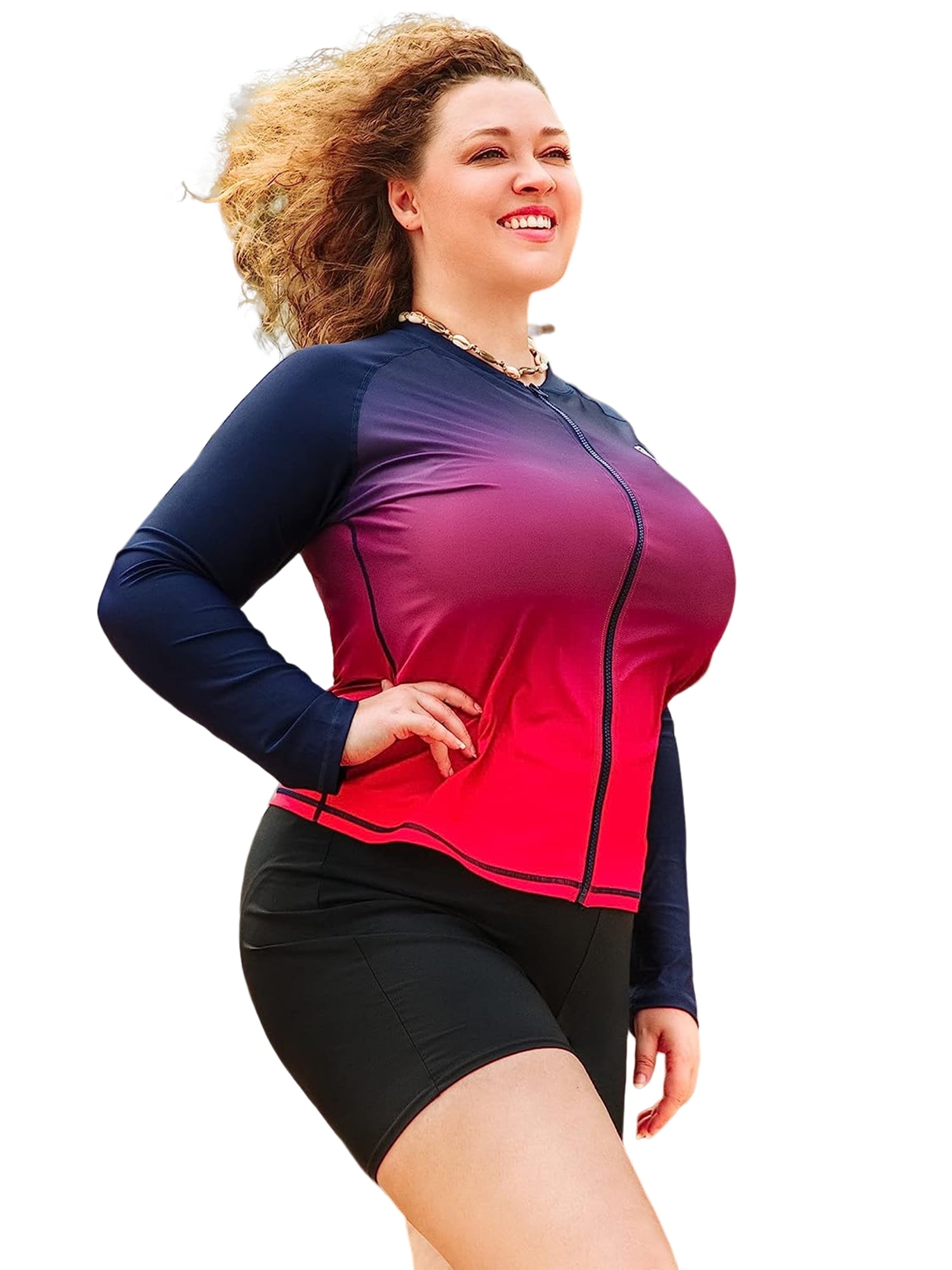 Alove Women Long Sleeve Zipper Gradient Rash Guard Plus Size Swimwear ...