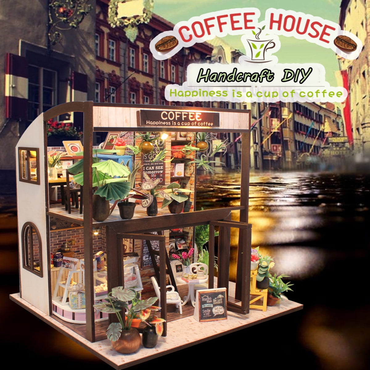 DIY Handcraft Doll House Time Cafe Toy Wooden Miniature Furniture LED ...