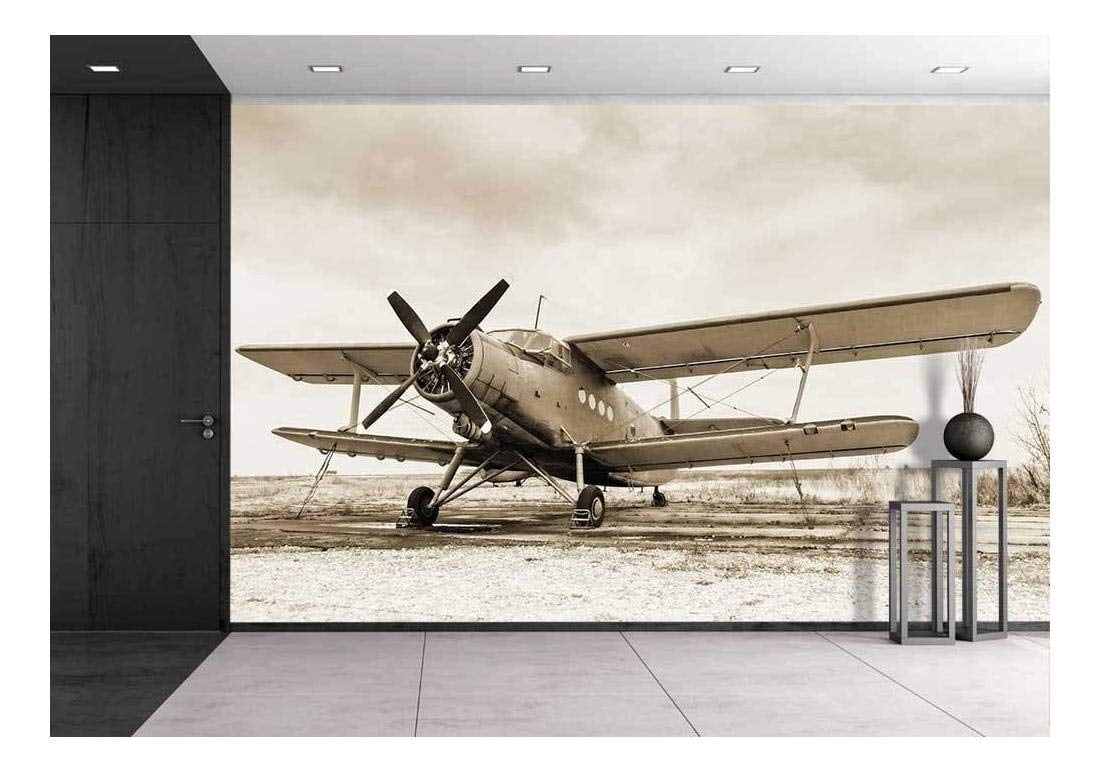 wall26 Old Airplane on Field in Sepia Tone - Removable Wall Mural ...