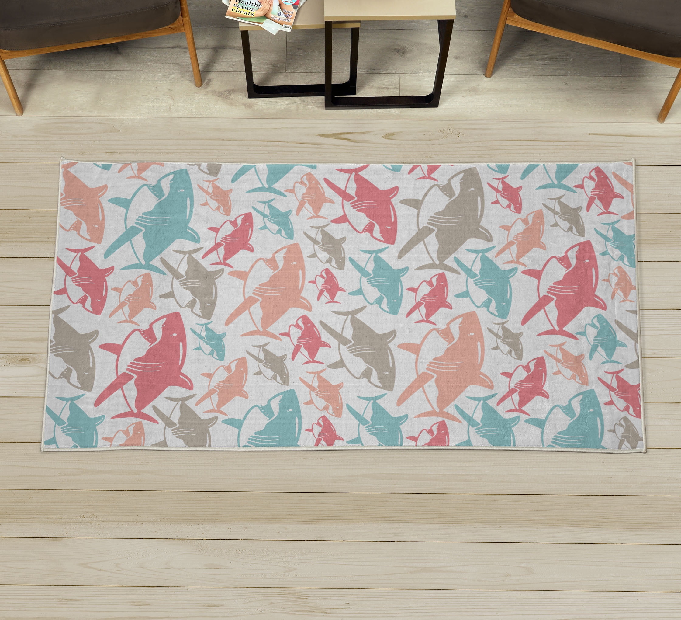 Shark Decorative Rug, Colorful Underwater Fish Pattern Masters Survival ...