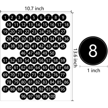 10 Sheets 1 to 100 Black Vinyl Consecutive Number Stickers 1 Inch Self-Adhesive Waterproof Round ...