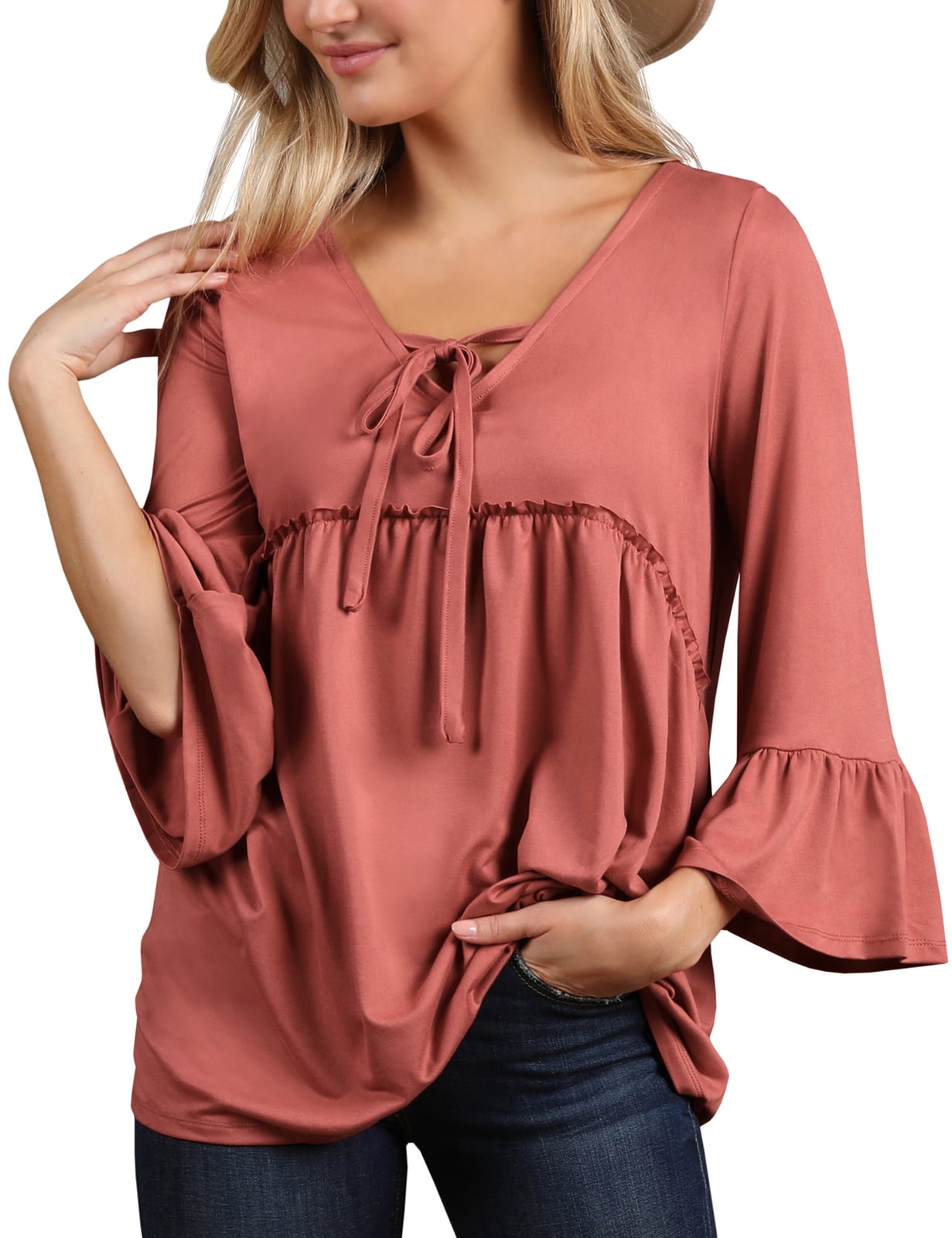 Doublju Womens 34 BELL Sleeve V Neck Tied Ruffle Casual Tunic Top With ...