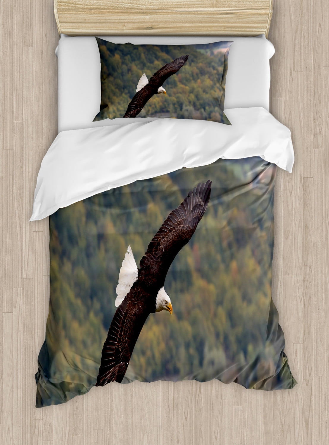 Eagle Duvet Cover Set Twin Size, King of Skies Flying over the Forest and Mountains United ...