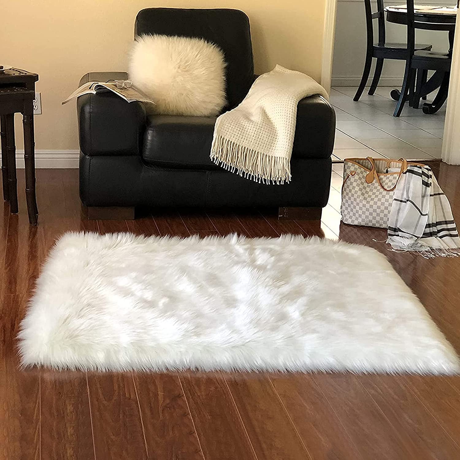 Super Soft Faux Sheepskin Silky Shag Rug Rectangular, White (2'6"x6 ...