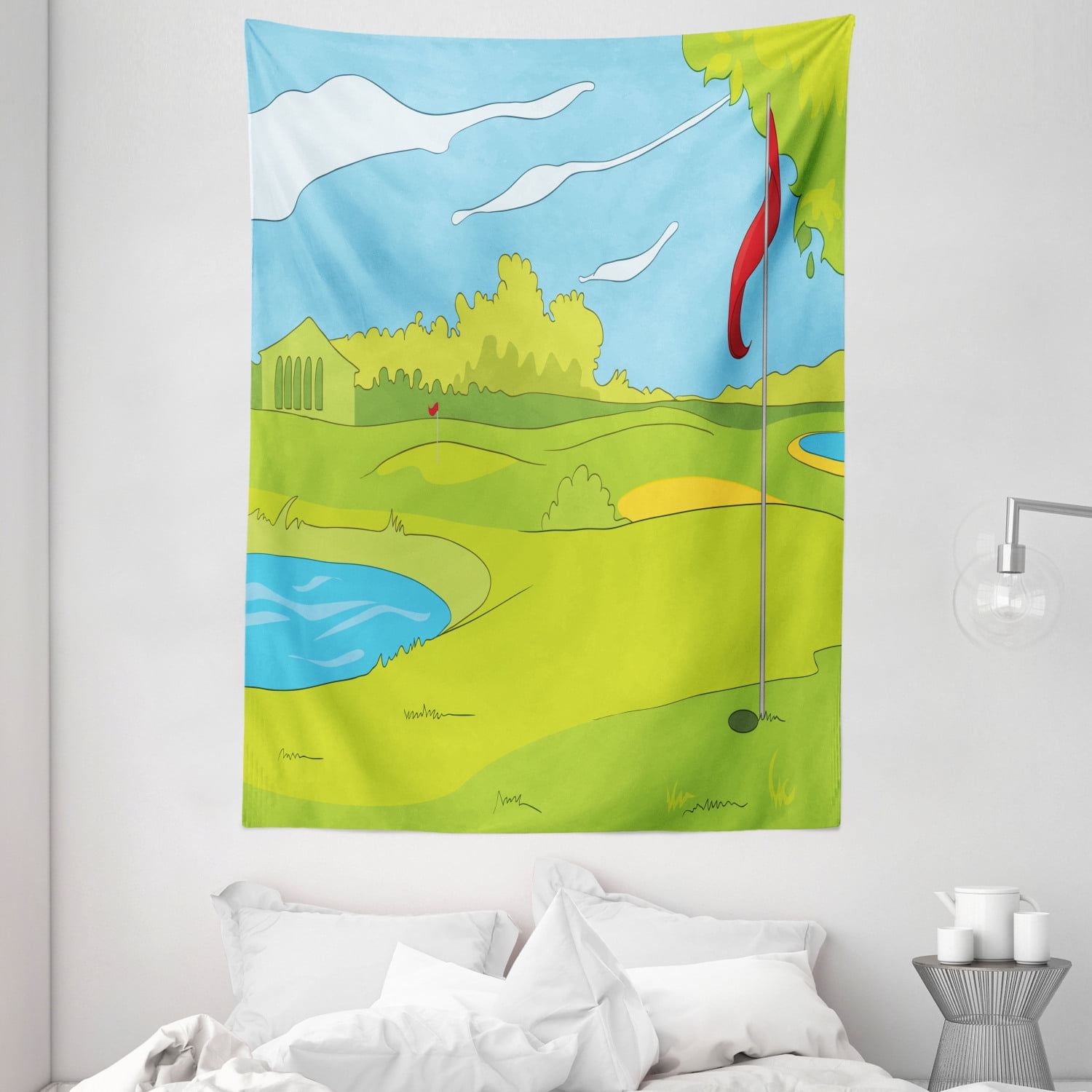 Golf Course Scene Tapestry, Cartoon Style Scene of Grassy Hill and Pond ...