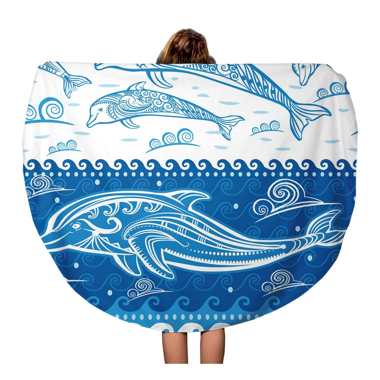 SIDONKU 60 inch Round Beach Towel Blanket Creature Dolphins Sea Black ...