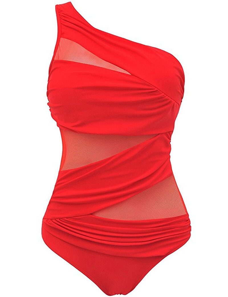 Plus Size Ladies One Piece Mesh Bandage Bikini Swimwear One Shoulder ...