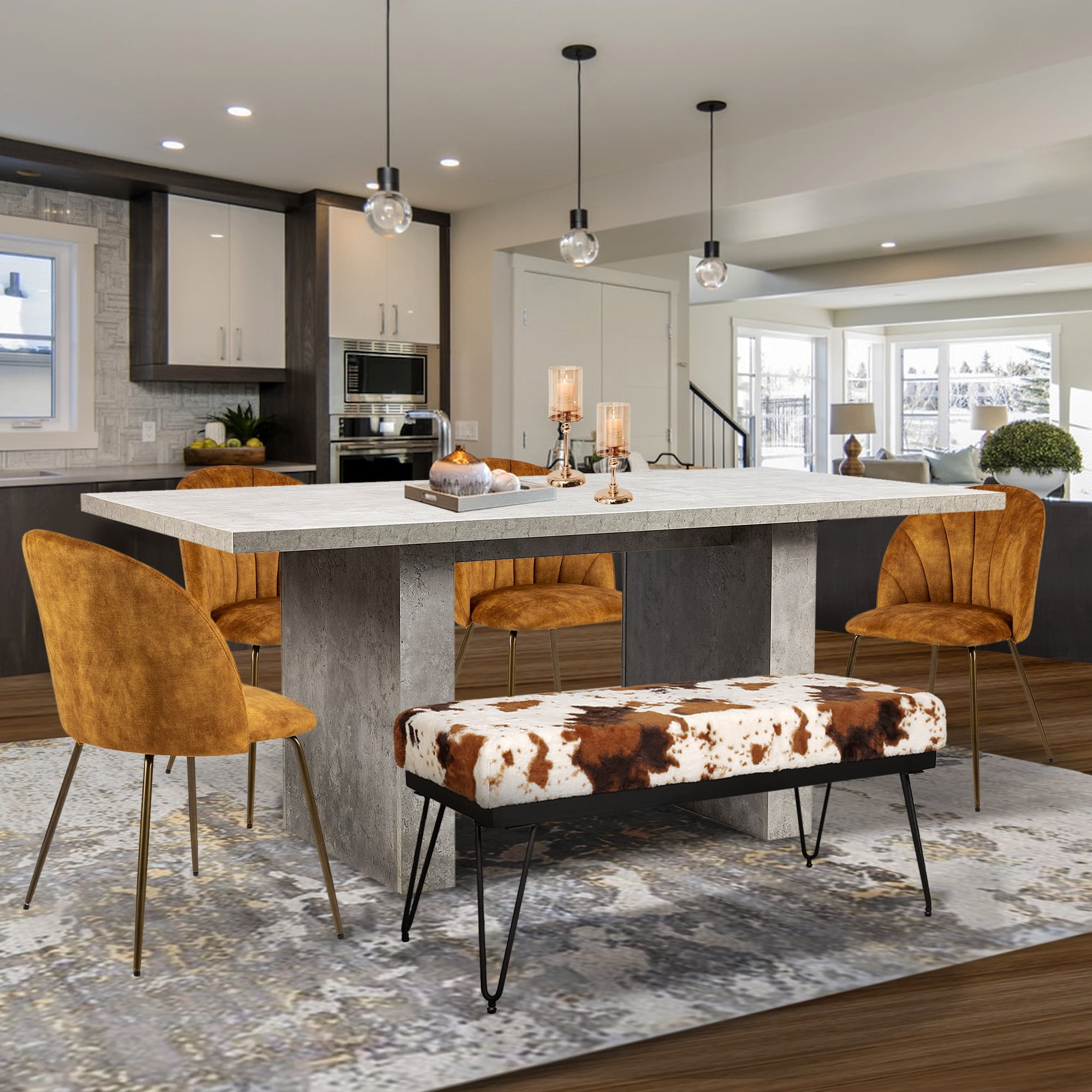 LEEJAY 6 Pieces Dining Table Set ,70 inch Rectangular Cemented Dining ...