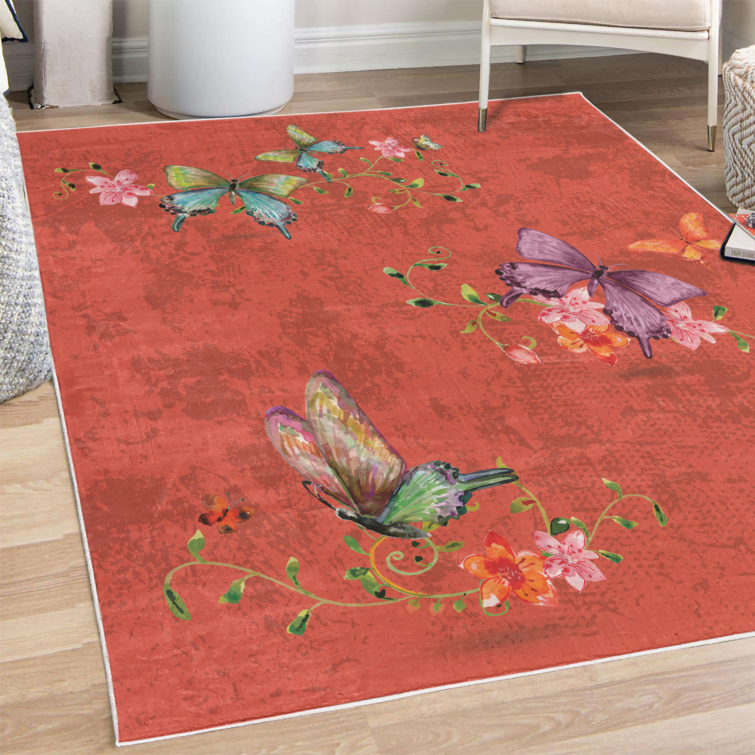 Butterfly Decorative Rug, Springtime Flying Moths on Vintage Style ...