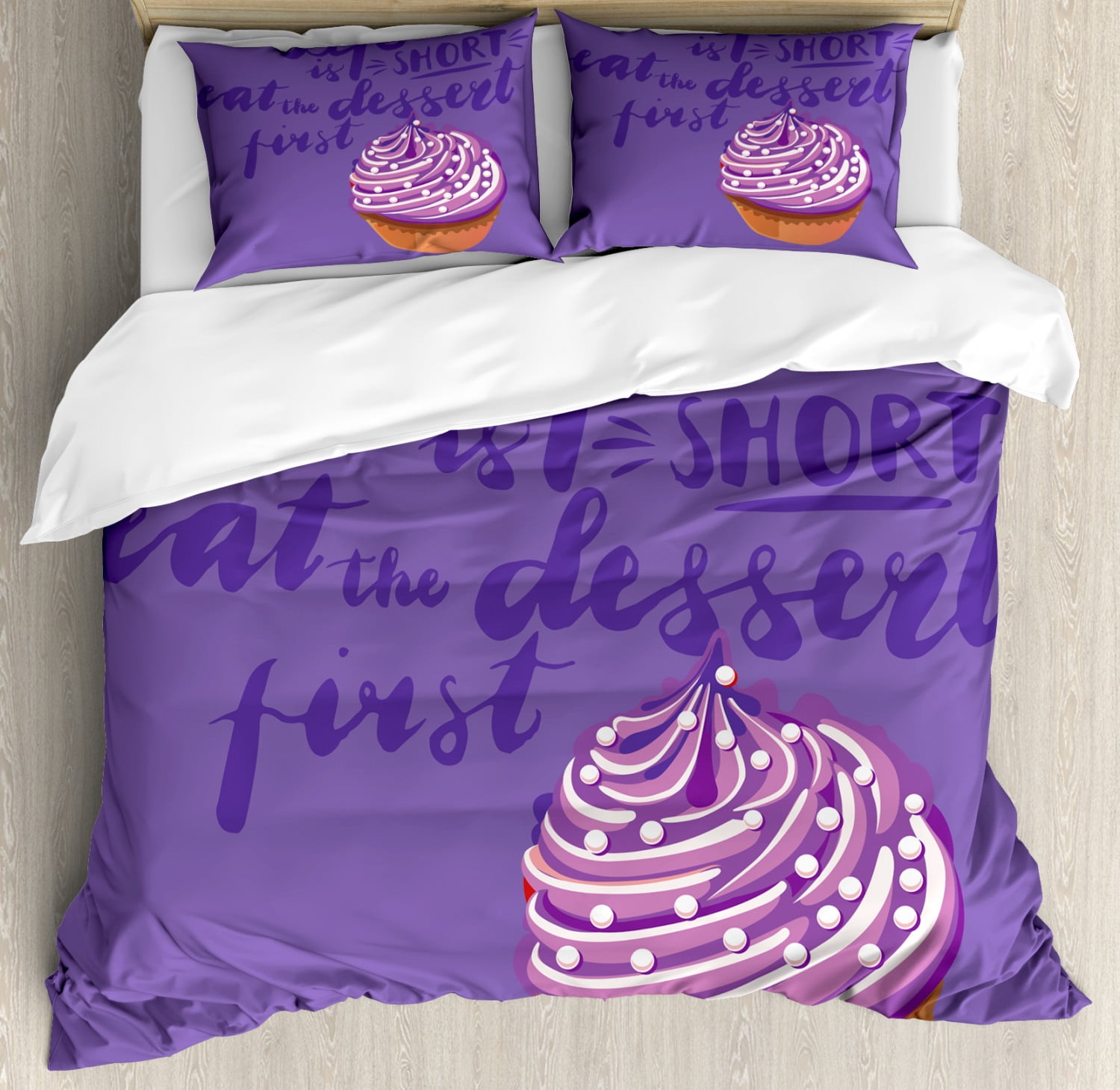 Eat Dessert First Duvet Cover Set King Size, Vibrant Tones Cupcake with ...