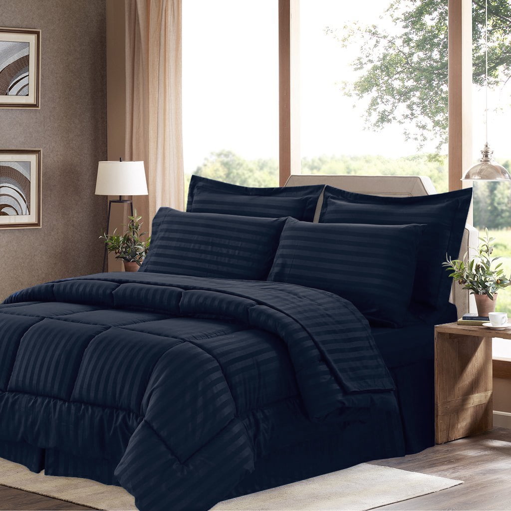 Basic 8-Piece Down Alternative Bed in a Bag Comforter Set - Queen, Navy ...
