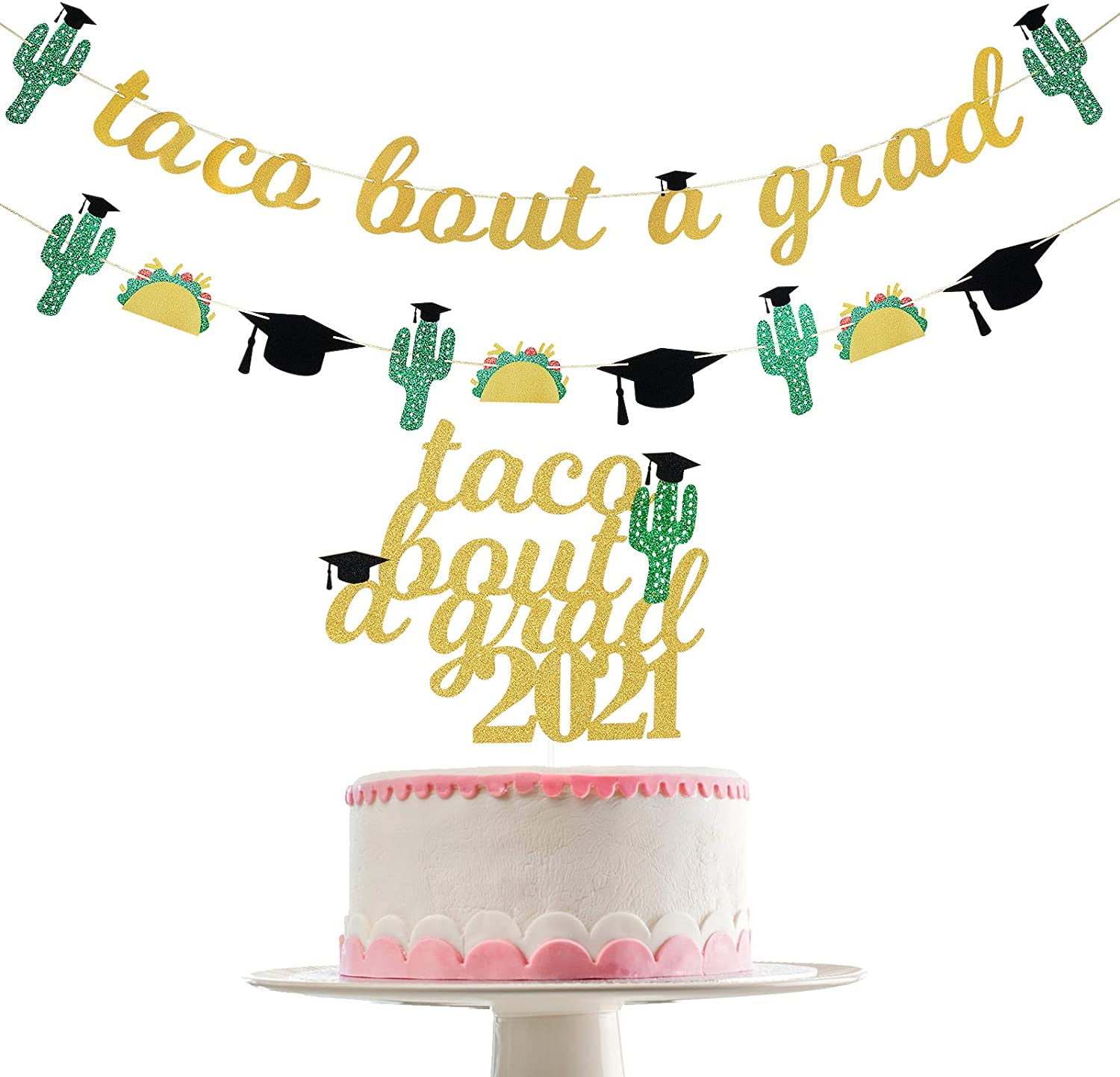 Gold Glitter Taco Bout a Grad Banner Glitter Cactus Graduation Cap ...