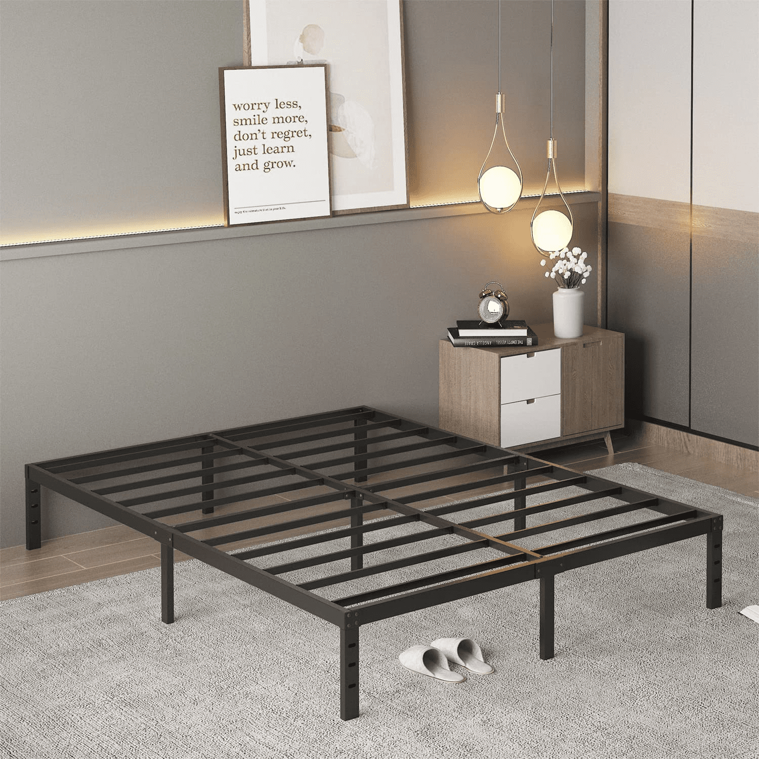QFTIME 14" Queen Metal Bed Frame with Steel Slats, Heavy Duty Mattress ...