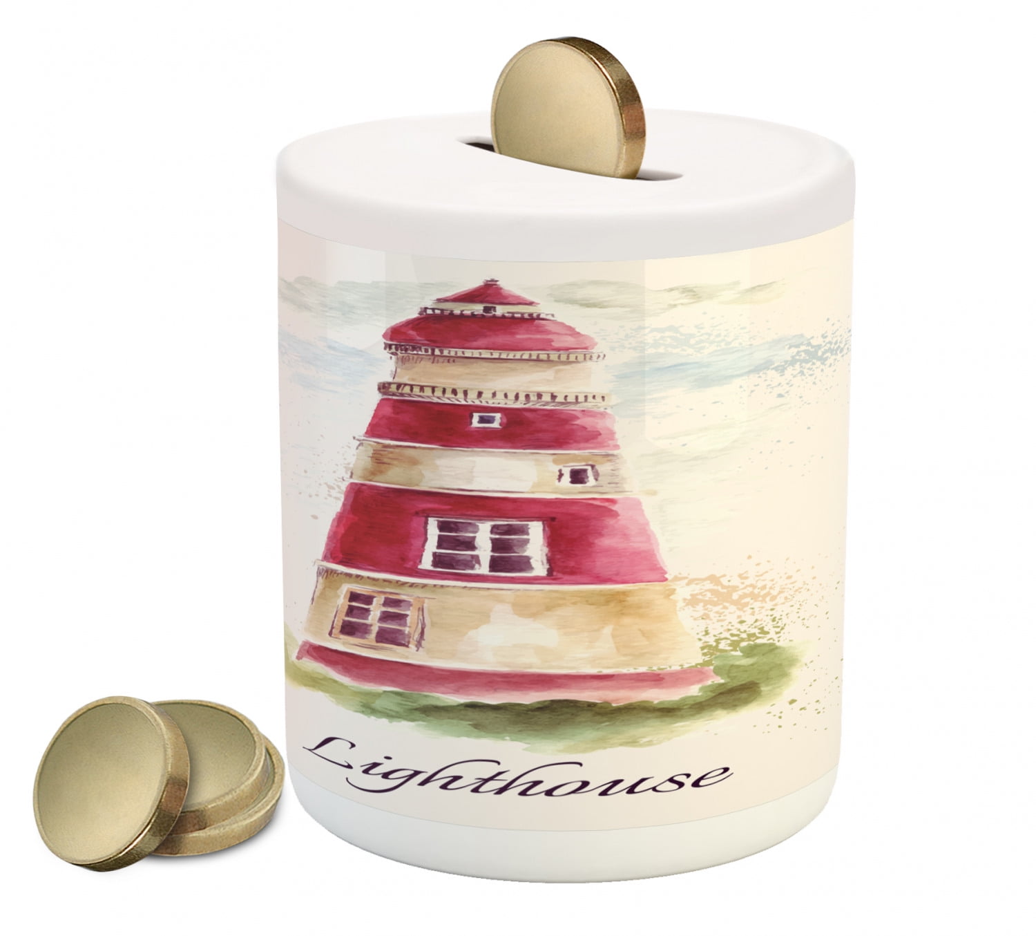 Lighthouse Piggy Bank, Watercolor Lighthouse Print Pastel Faded Vintage ...