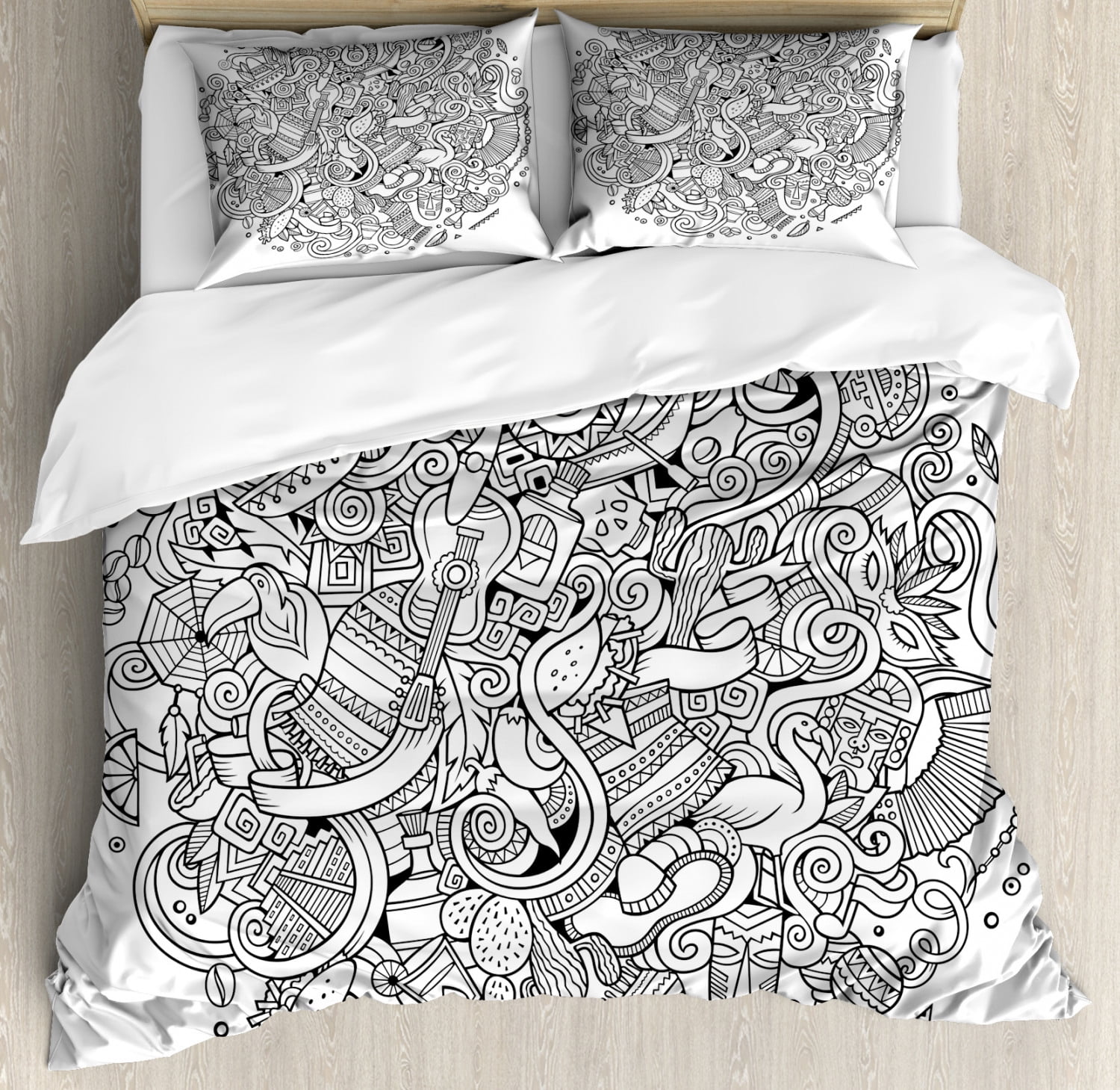 Doodle Duvet Cover Set King Size, Latin American Theme Line Art Fiesta ...