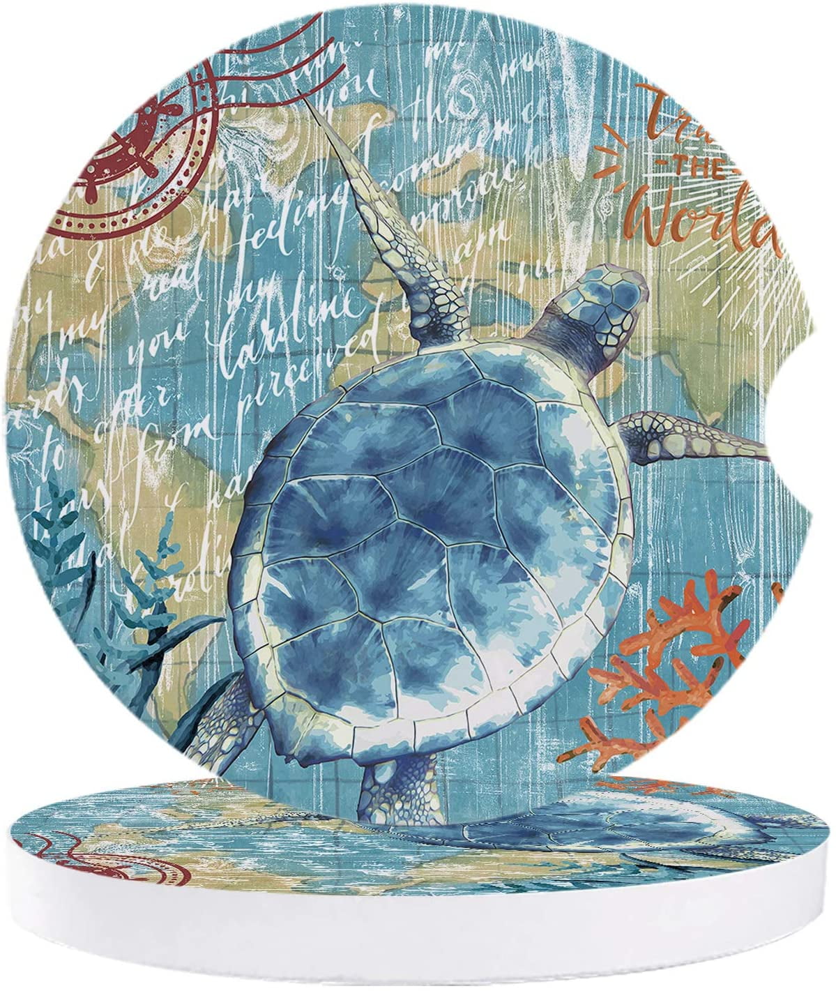 FMSHPON Nautical Theme Ocean Blue Teal Turtle Set of 6 Car Coaster for ...