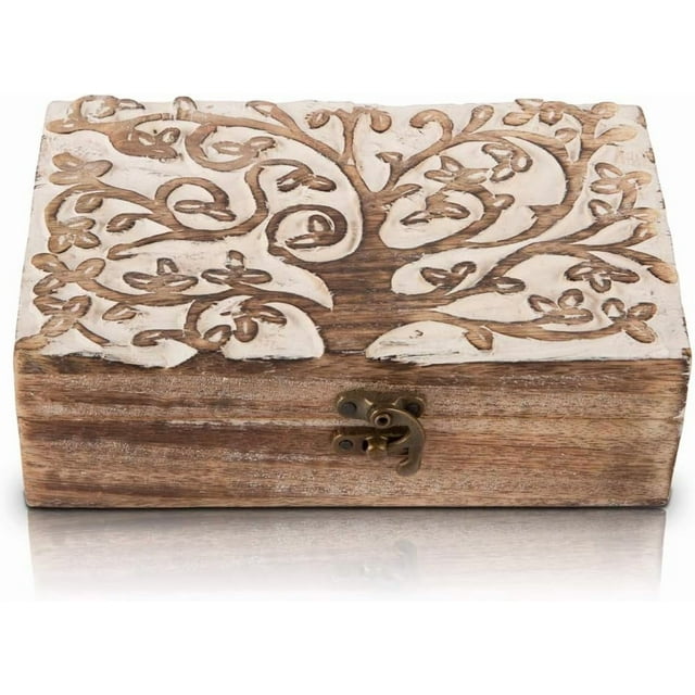 Decorative Wooden Jewelry Box With Tree Of Life Carving Jewelry ...