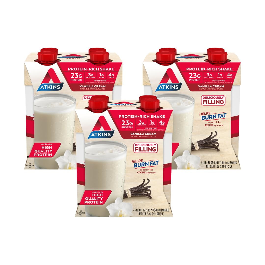 Atkins Vanilla Cream Meal Size Protein Shake, 23g Protein, Low Glycemic ...