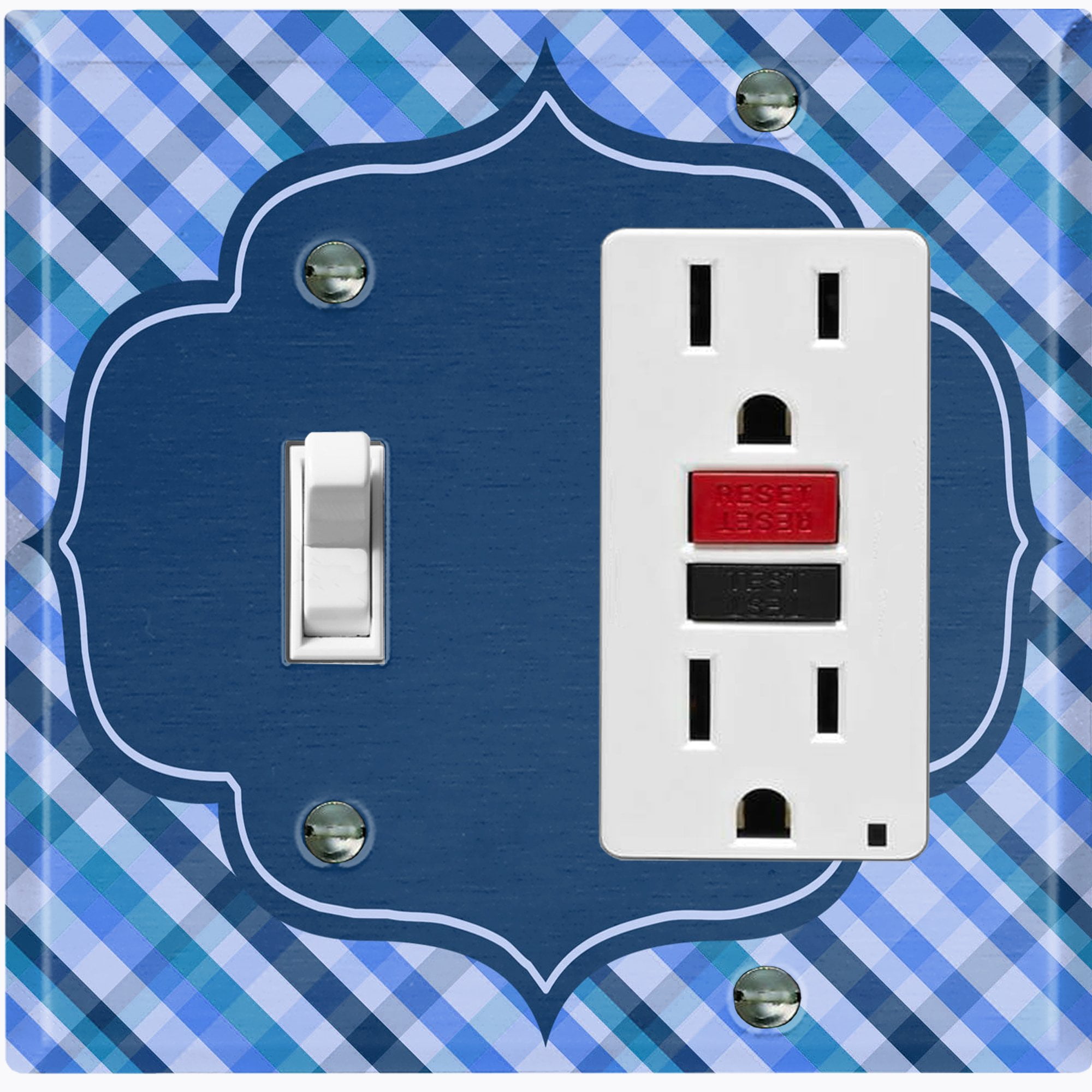 Metal Light Switch Plate Outlet Cover Vintage Blue Plaid Frame ...