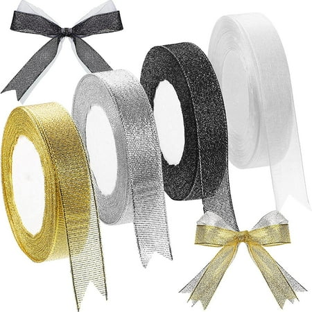 125 Yards Metallic Glitter Ribbon Gold Christmas Ribbons White Organza ...