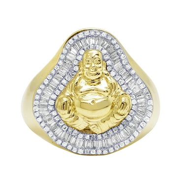 Men's 14K Yellow Gold Real Diamond Puff Pillow 3D Round Pinky Ring 5.75 ...