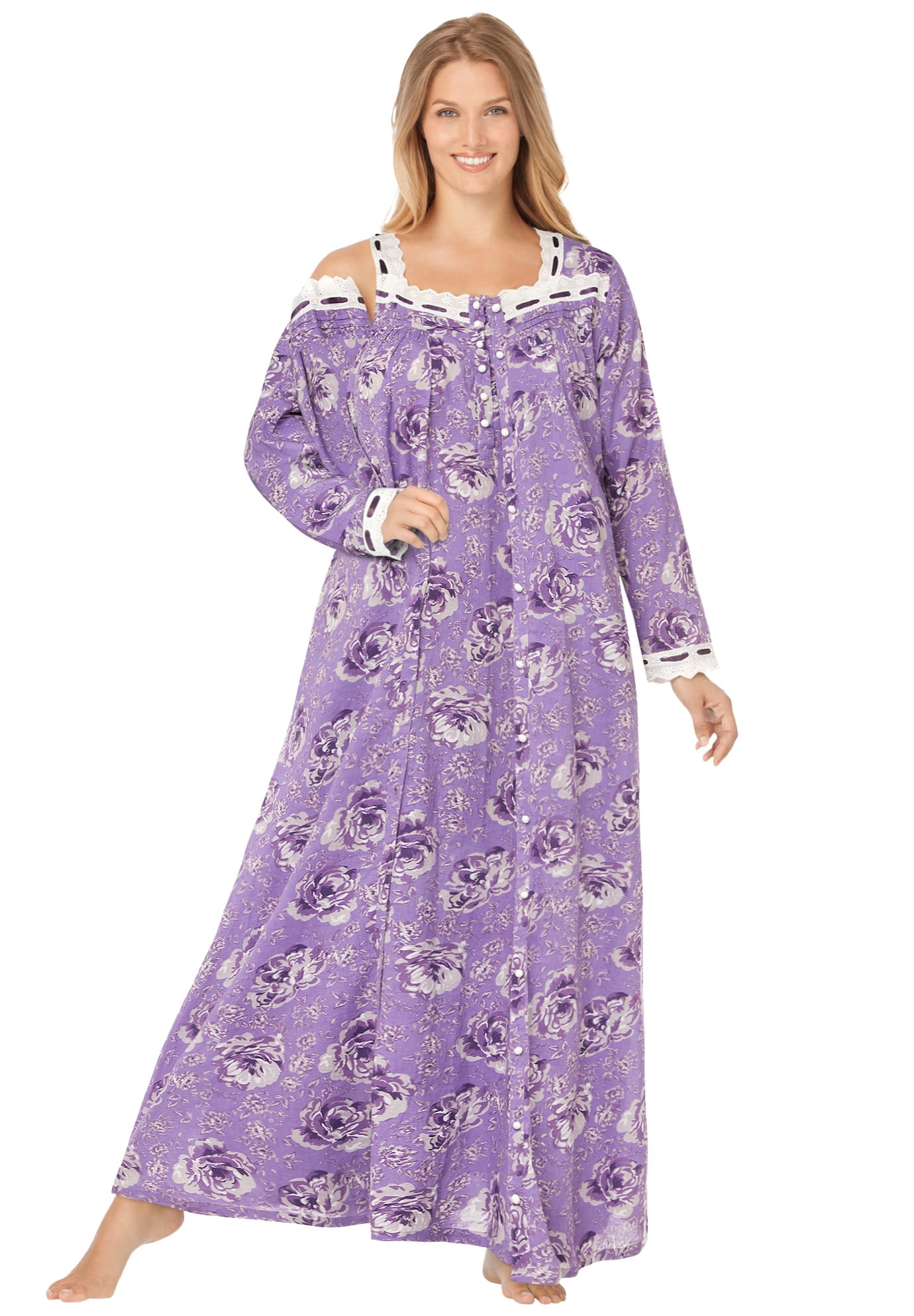 Only Necessities Women's Plus Size Long 2-Piece Cabbage-Rose Peignoir ...