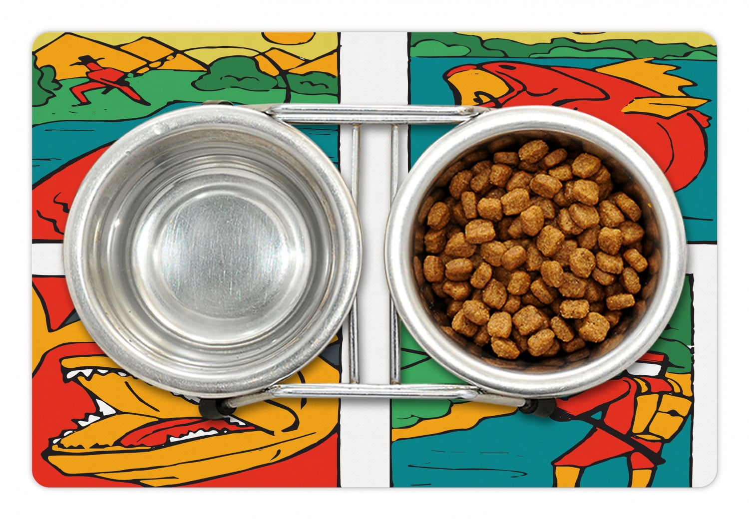 Gone Fishing Pet Mat for Food and Water, Colorful Caricature Cartoon ...