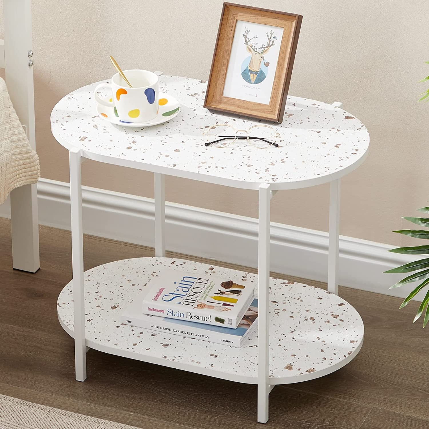 FurnitureR White Side End Table 24" 2-Tiers Oval Nightstand - Modern ...