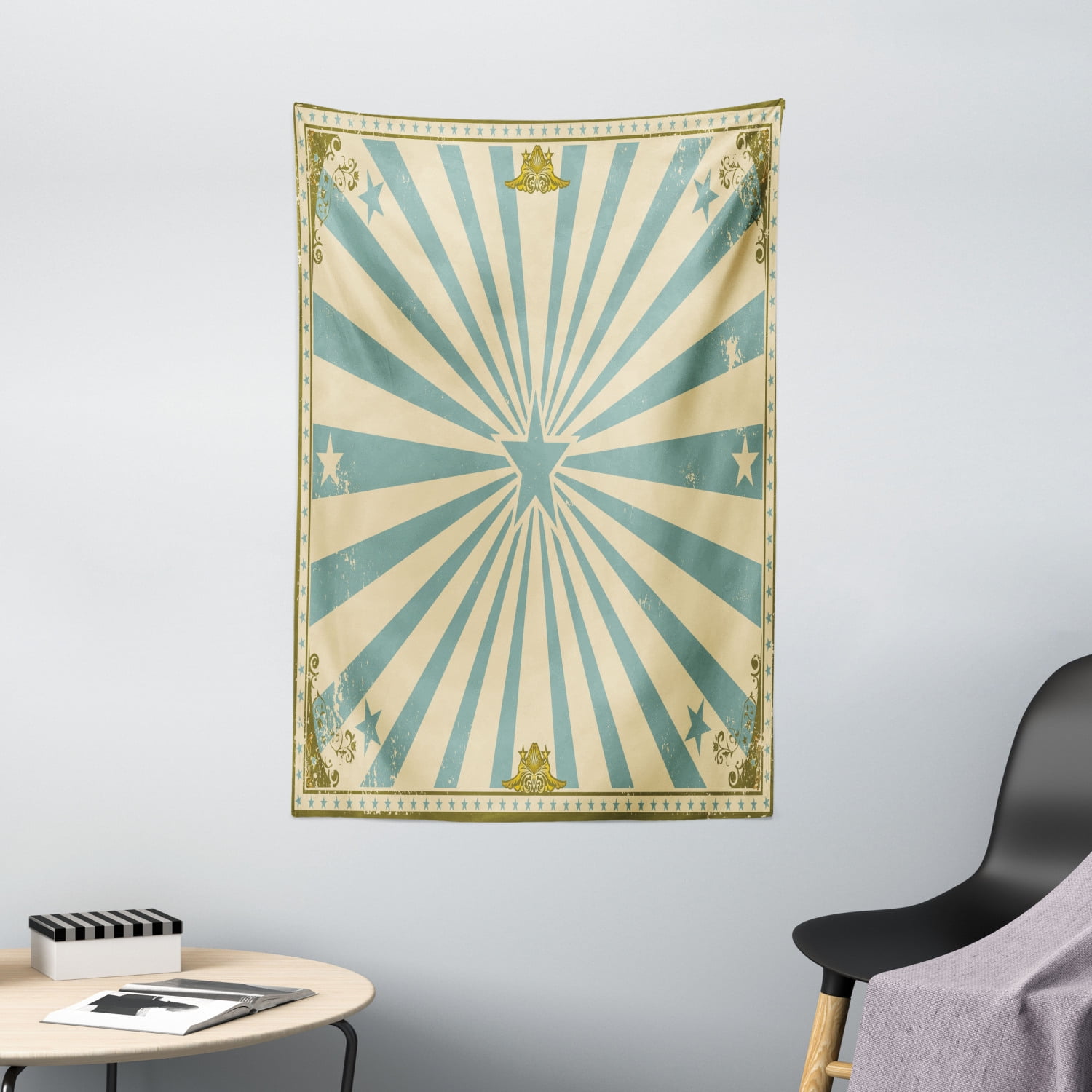 Circus Tapestry, Retro Grungy Texture Frame with Star at Centre and ...