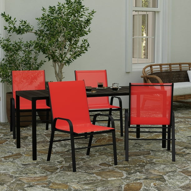 Merrick Lane Set of 4 Series Metal Stacking Patio Chairs with Red Flex ...