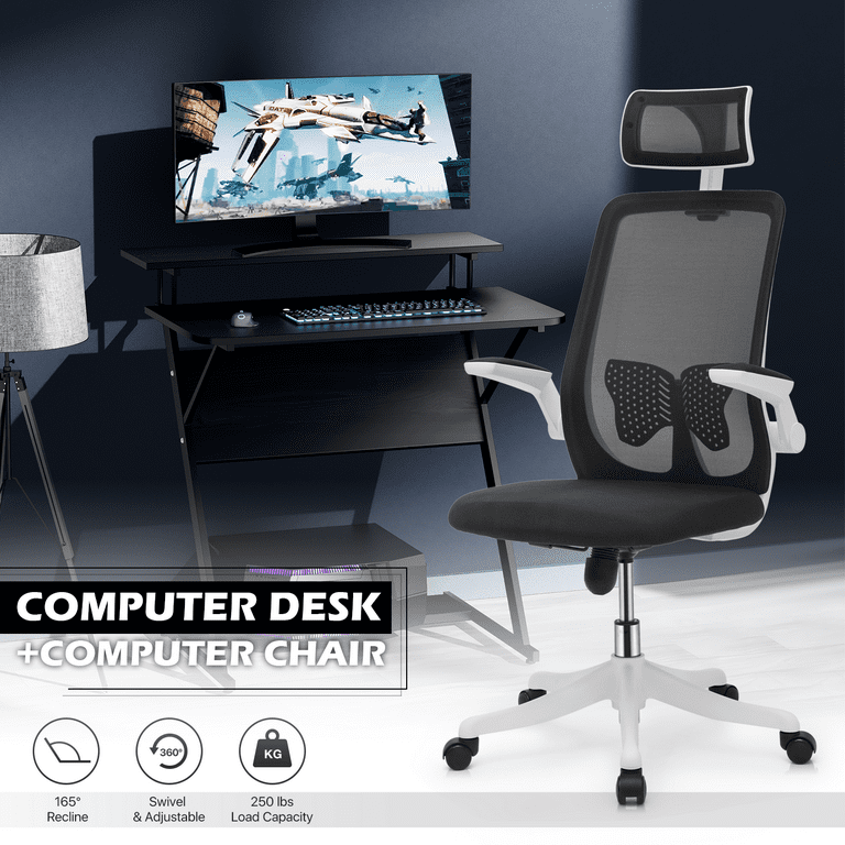 Magshion Computer Desk Chair Set Adjustable Height Rolling Office Chair with Headrest 2 Tier Table with Monitor Storage Shelf and Host Rack
