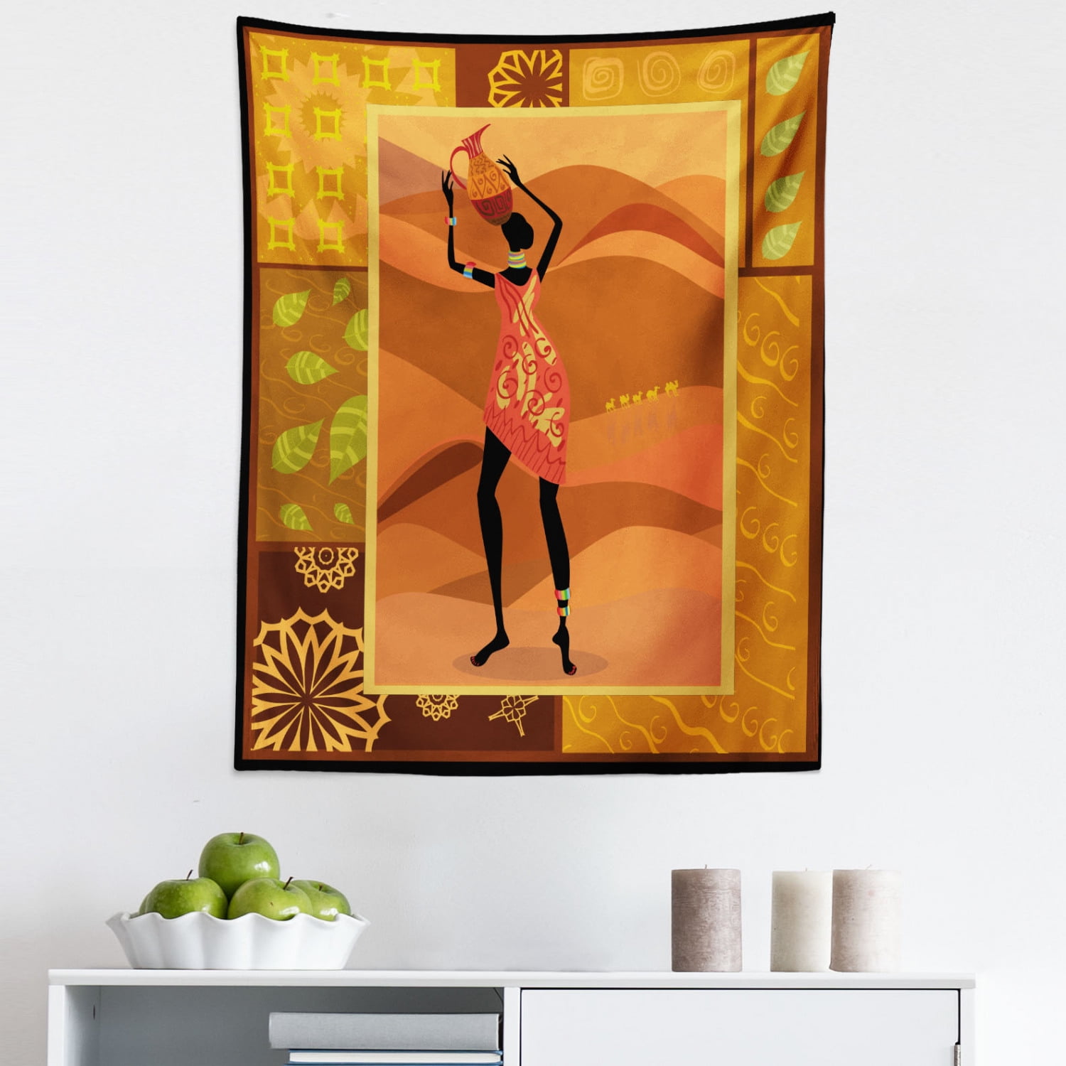 African Tapestry, Frame with Natural Autumn Elements Native Girl with ...