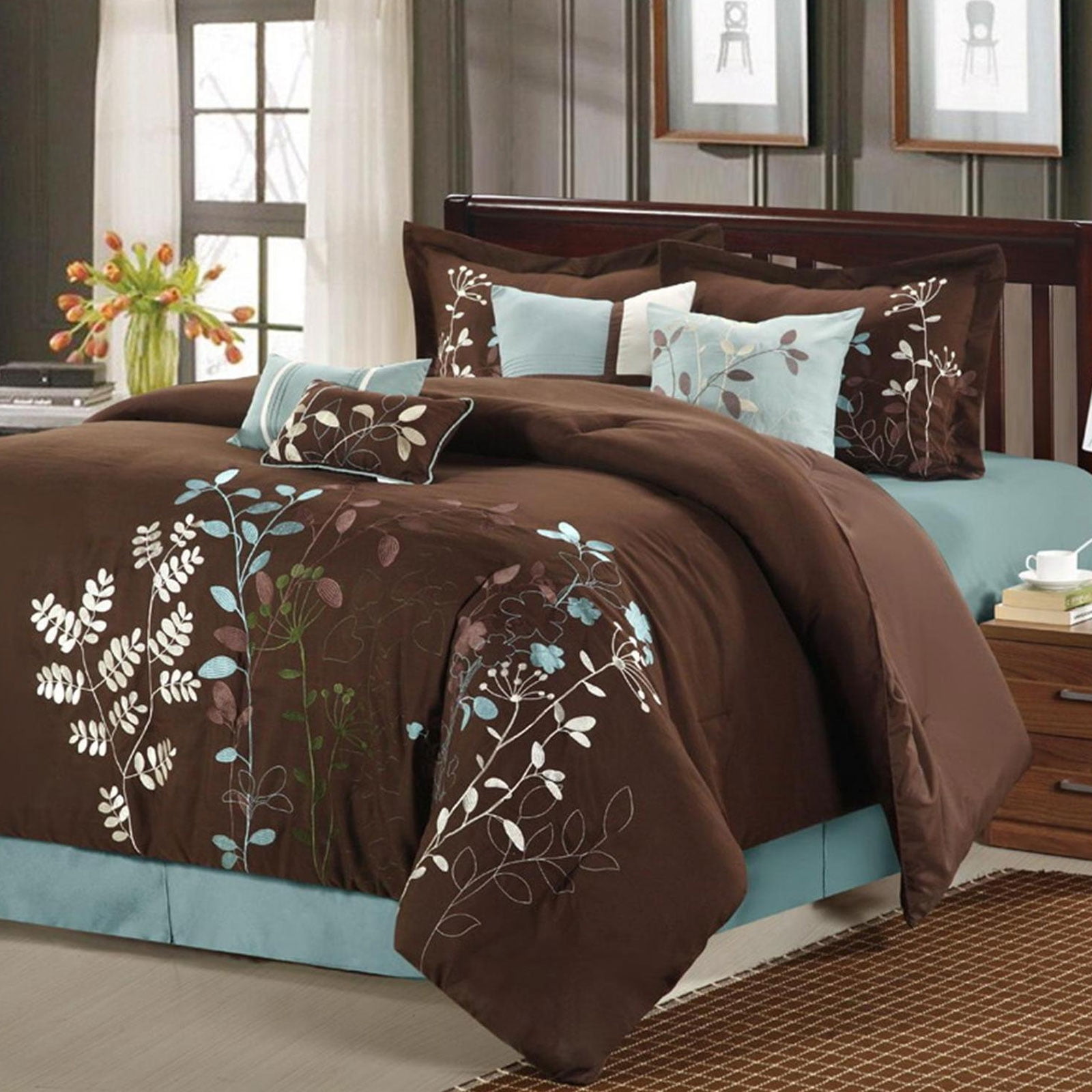 Chic Home Fortuno 8-Piece Floral Embroidered Comforter Set, King, Brown ...