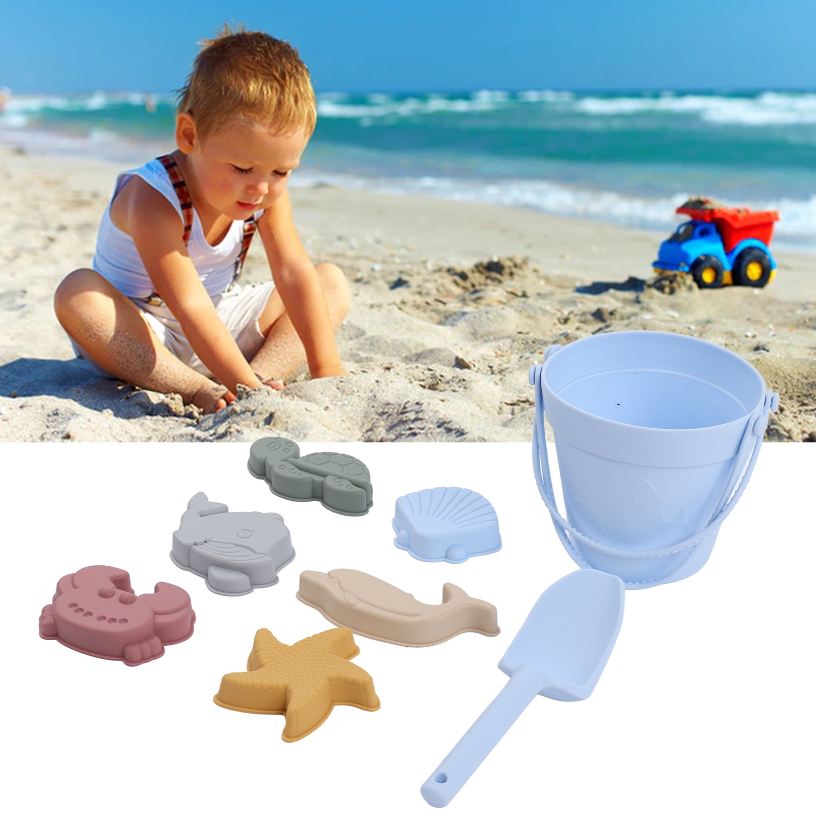 Beach Accessories For Kids Silicone Beach Toys Baby Sand Play Toys Set Includes Silicone Bucket Animal Model Sand Shovel StringBlue