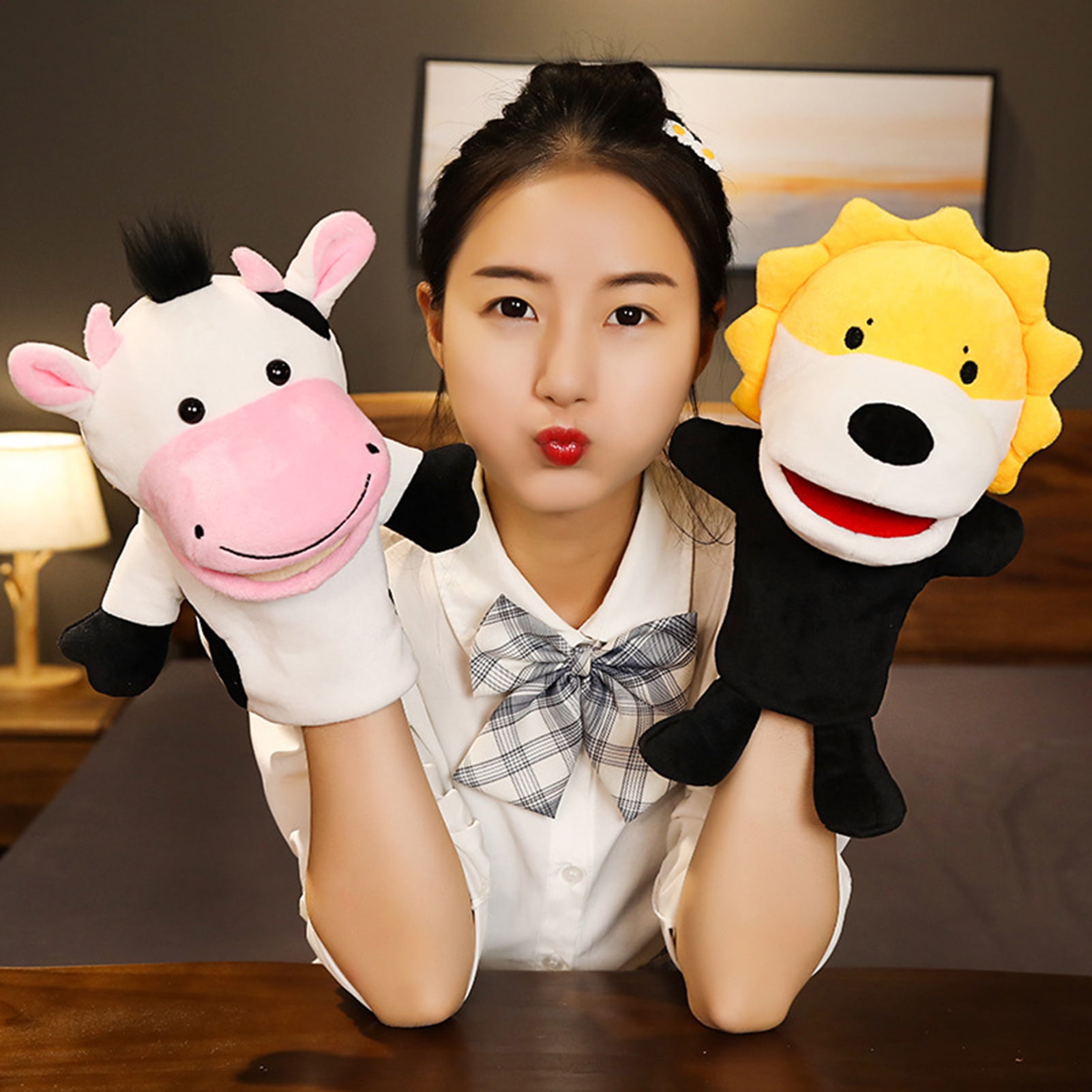 Plush Animal Hand Puppet Lion/Cow Plush Toy Hand Finger Puppet Doll ...