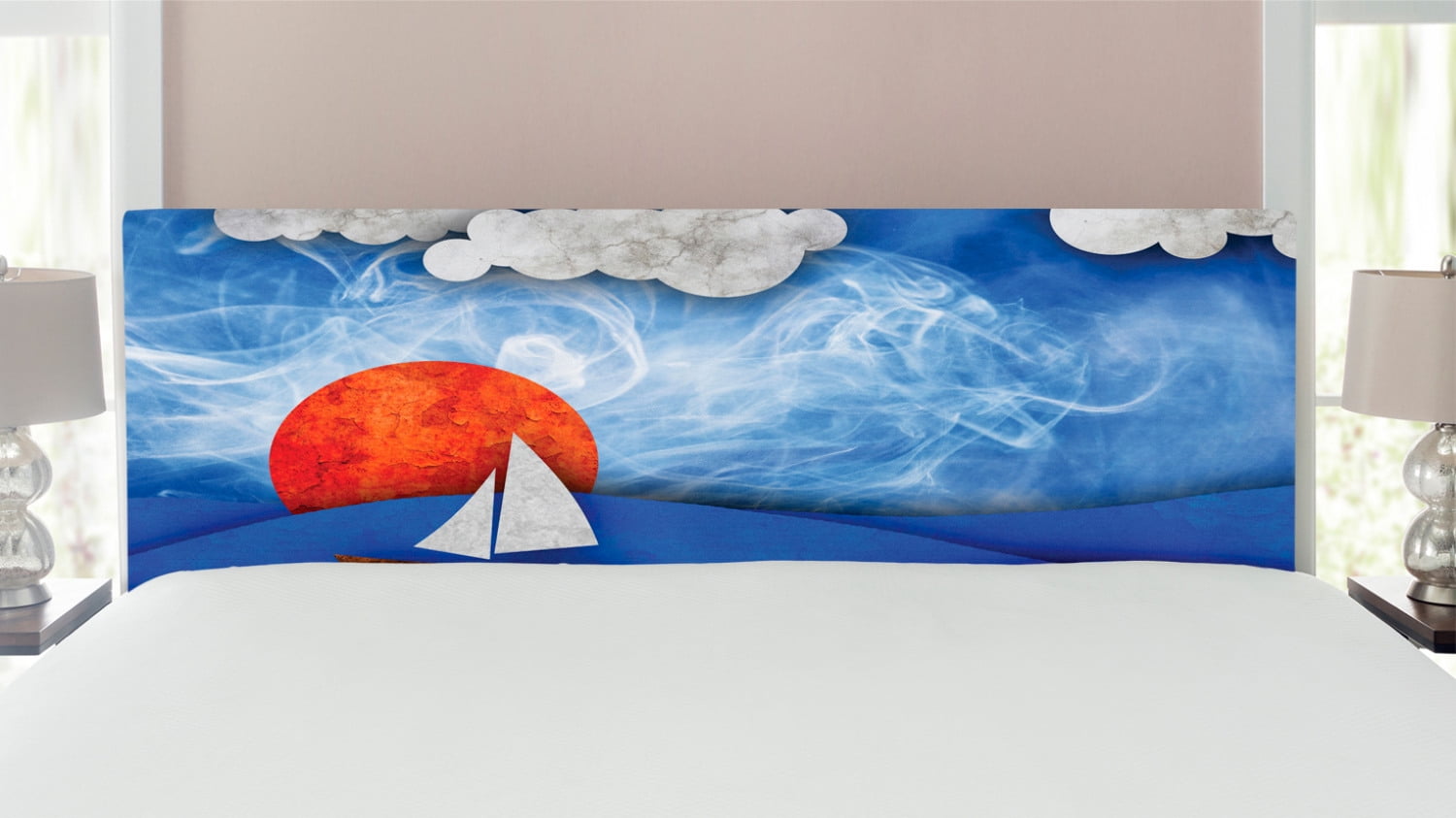 Nautical Headboard, Sailing Ship with Sun and Clouds in Mist Water with ...