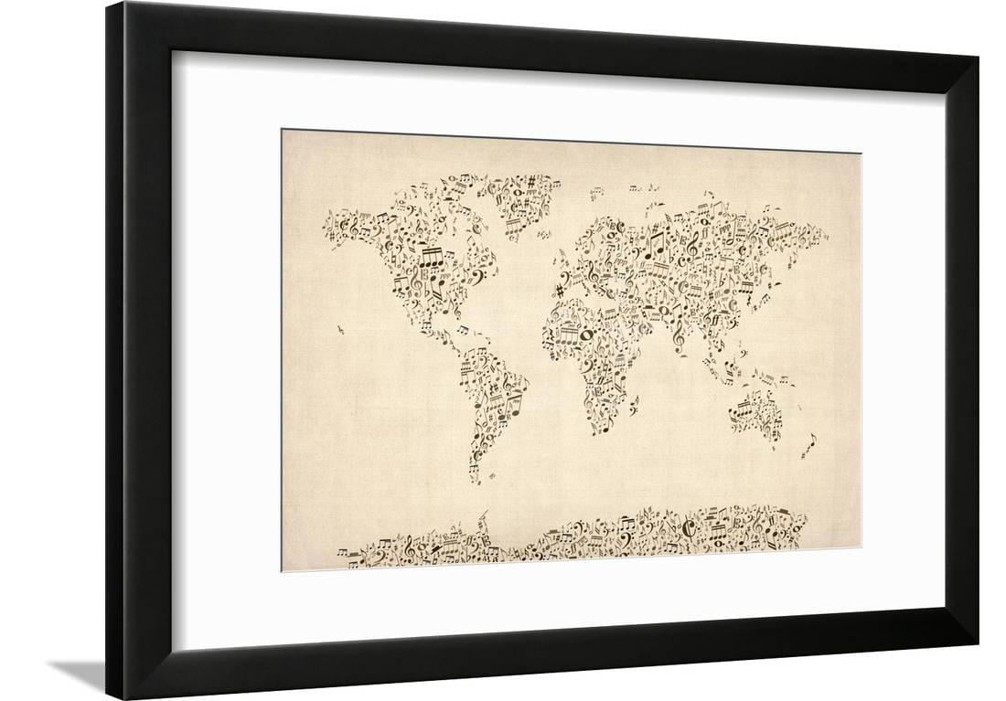 Music Notes Map of the World Map Framed Print Wall Art by Michael ...