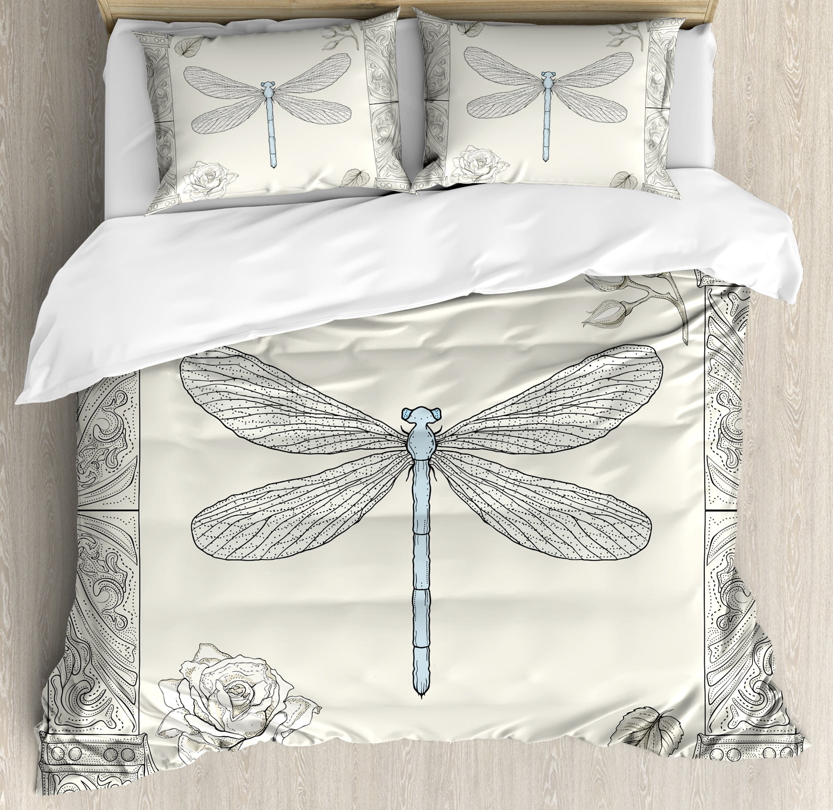 Dragonfly Queen Size Duvet Cover Set, Hand Drawn Royal Ancient Style ...