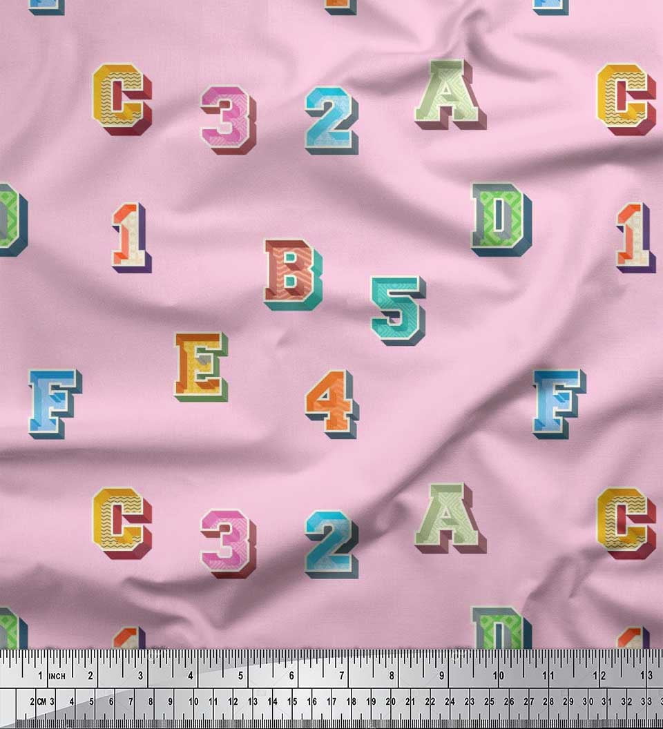 Soimoi Satin Silk Fabric Numbers & Alphabets Text Print Fabric by The ...