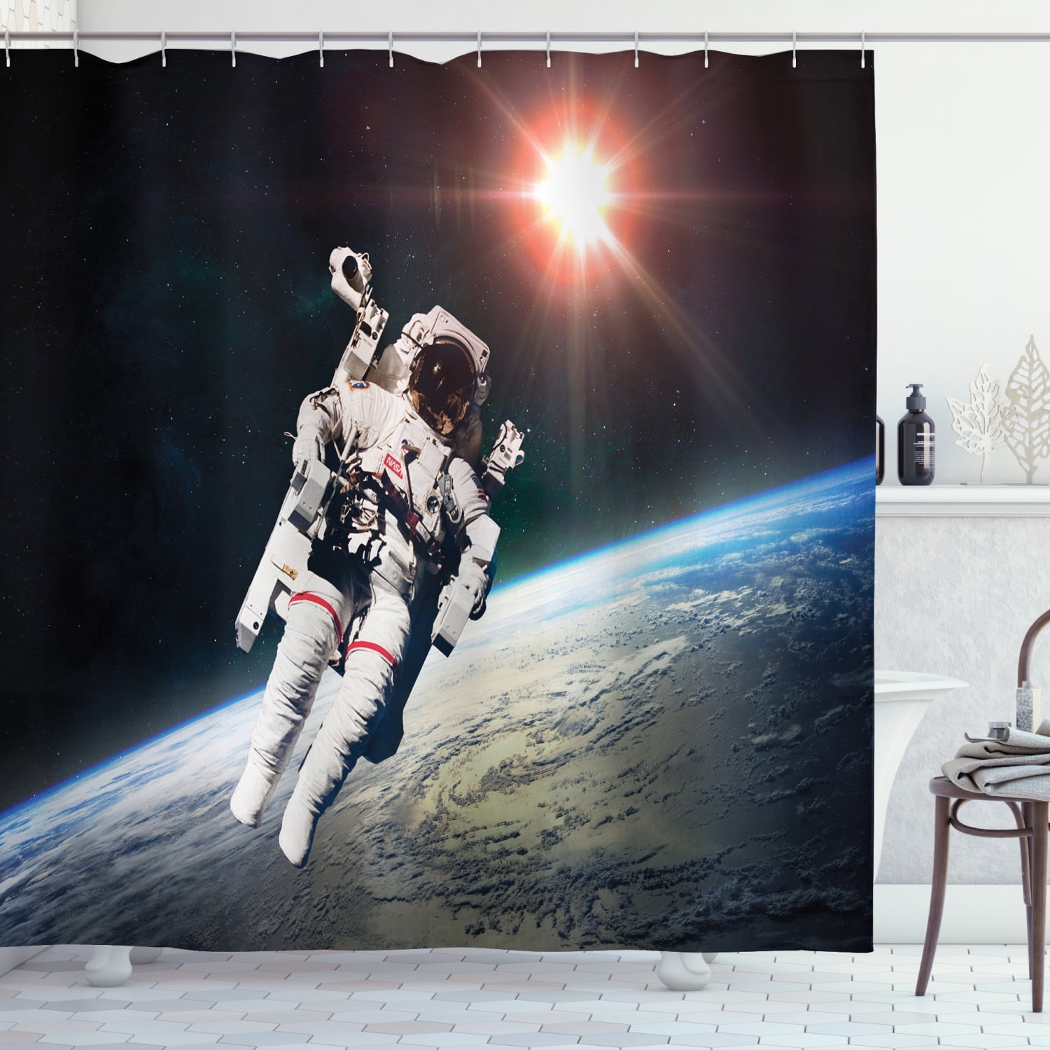 Galaxy Shower Curtain, Astronaut Man Floating over Earth with Powerful ...