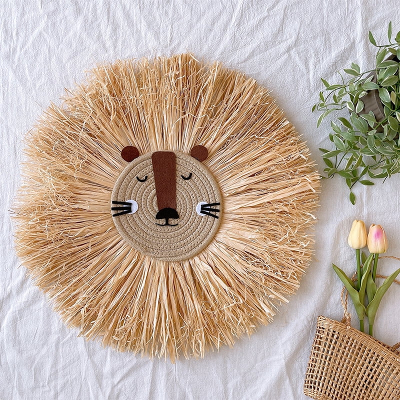 Hand-Woven Straw Cartoon Lion Tiger Wall Hanging Tapestry Weaving Art ...