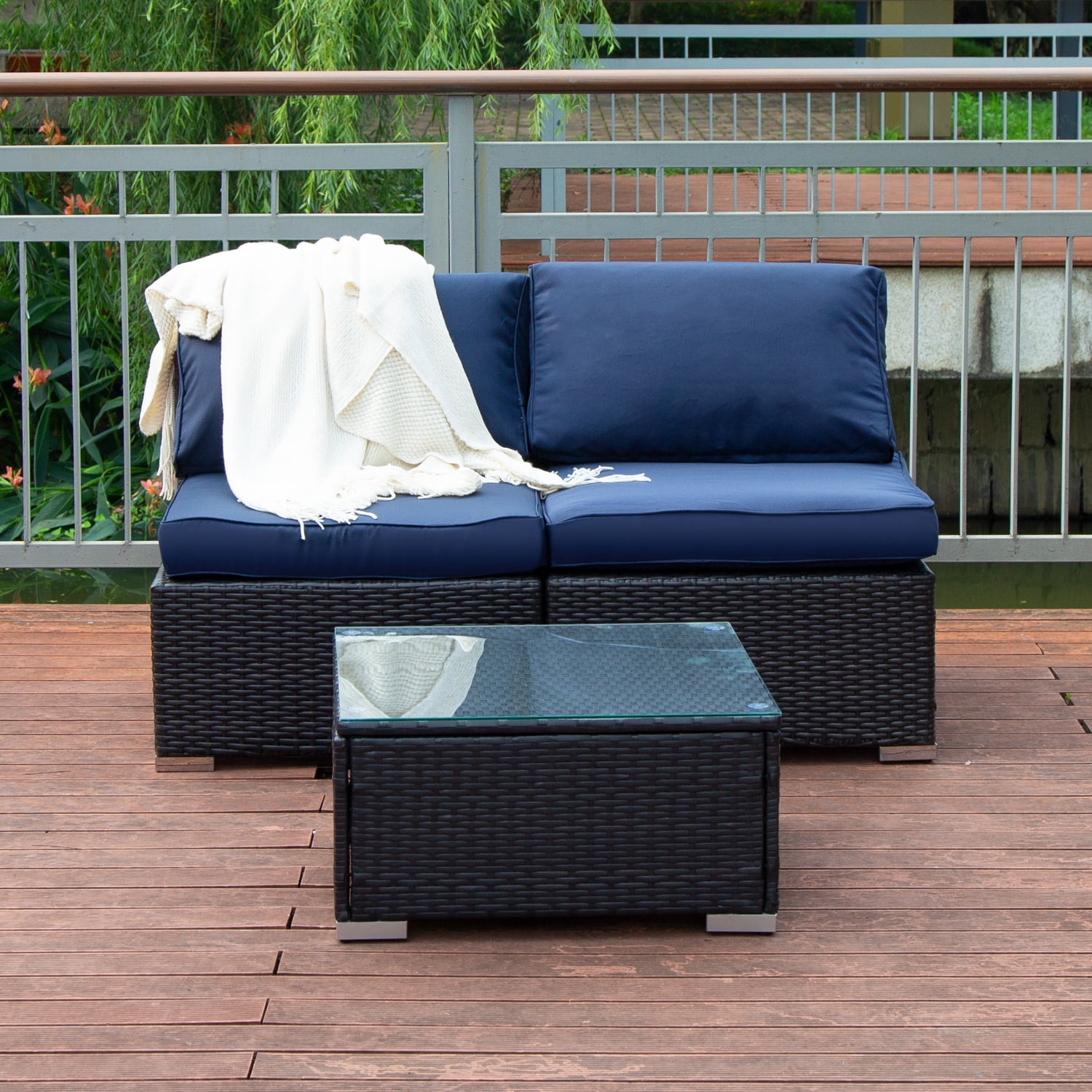 EXCITED WORK Blue 3 Piece Outdoor Patio PE Rattan Wicker Sofa ...