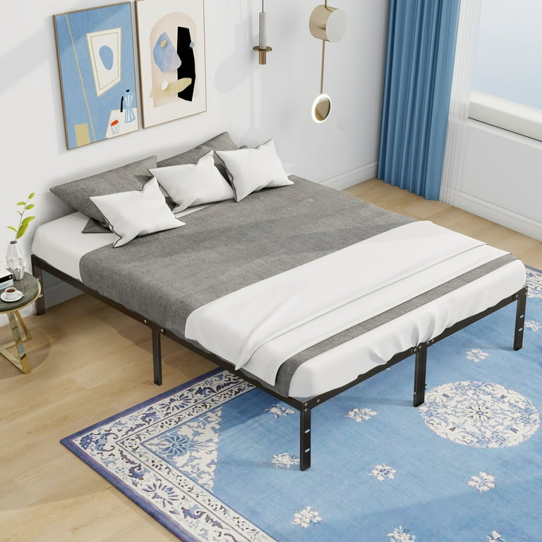 Queen Size Metal Platform Bed Frame Heavy Duty Mattress Foundation with Steel Slats Support No Box Spring Needed Black