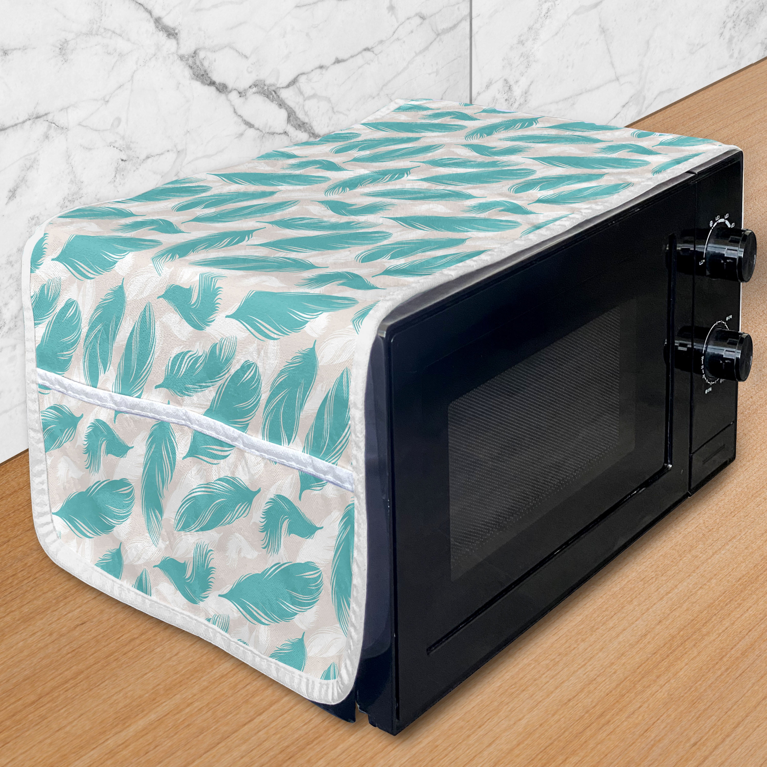Turquoise Microwave Oven Cover, Quills Design Bird Feathers Abstract ...